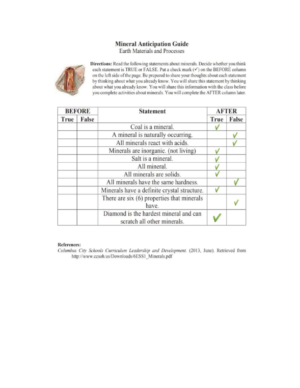 Mineral Anticipation Guide - Earth and Life Science - Studocu