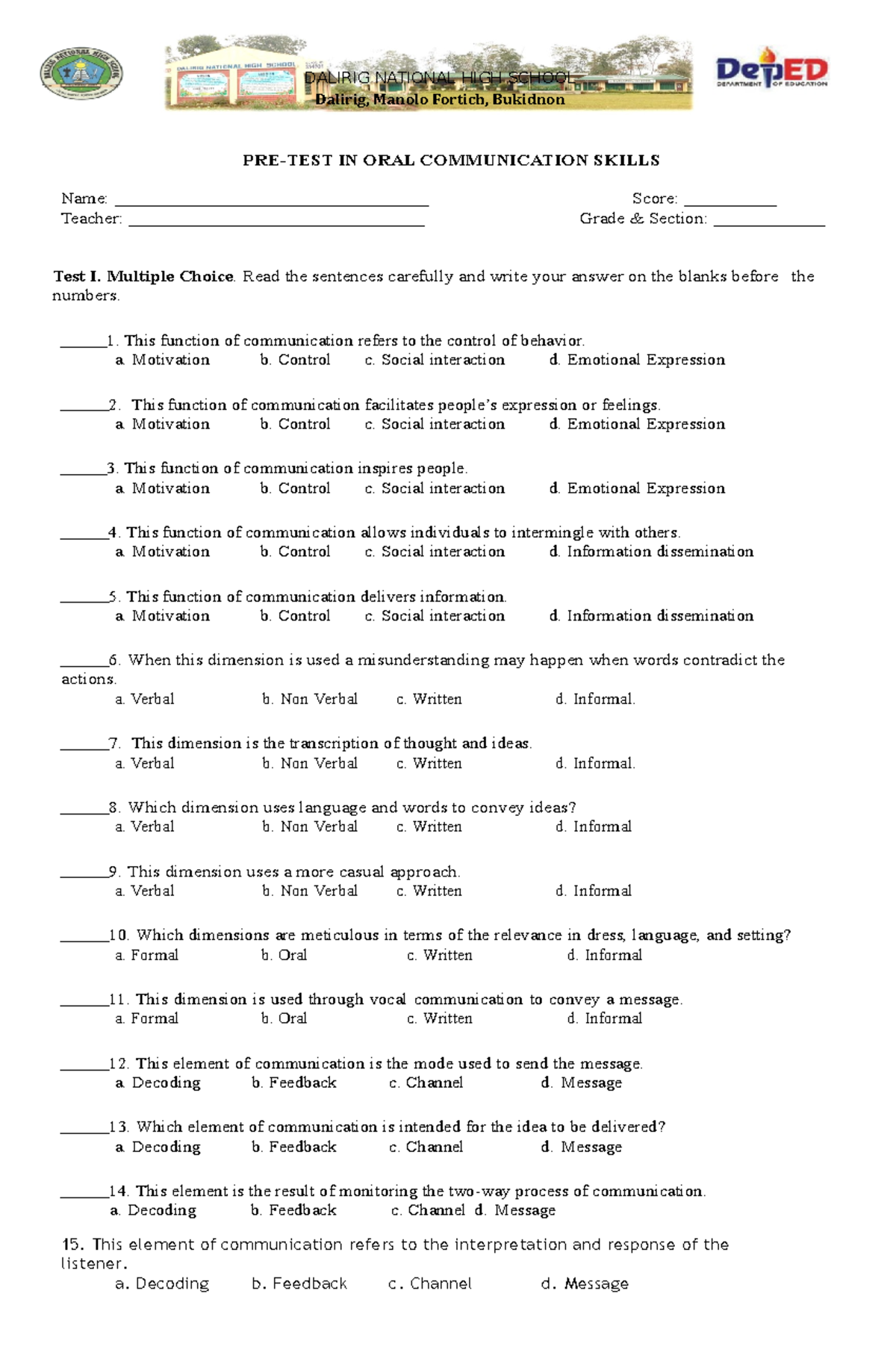ORAL COM PRE TEST - This is for diagnostic test - PRE-TEST IN ORAL ...