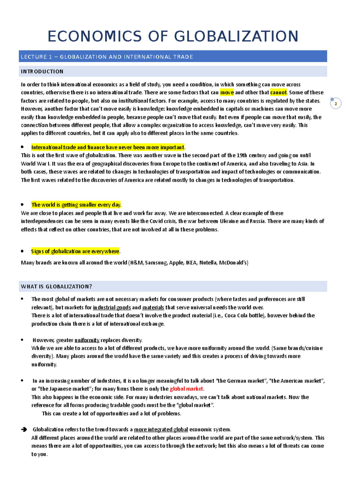 Economics of Globalization (Prof. Canello - Prof. Capone) - 2 ECONOMICS ...