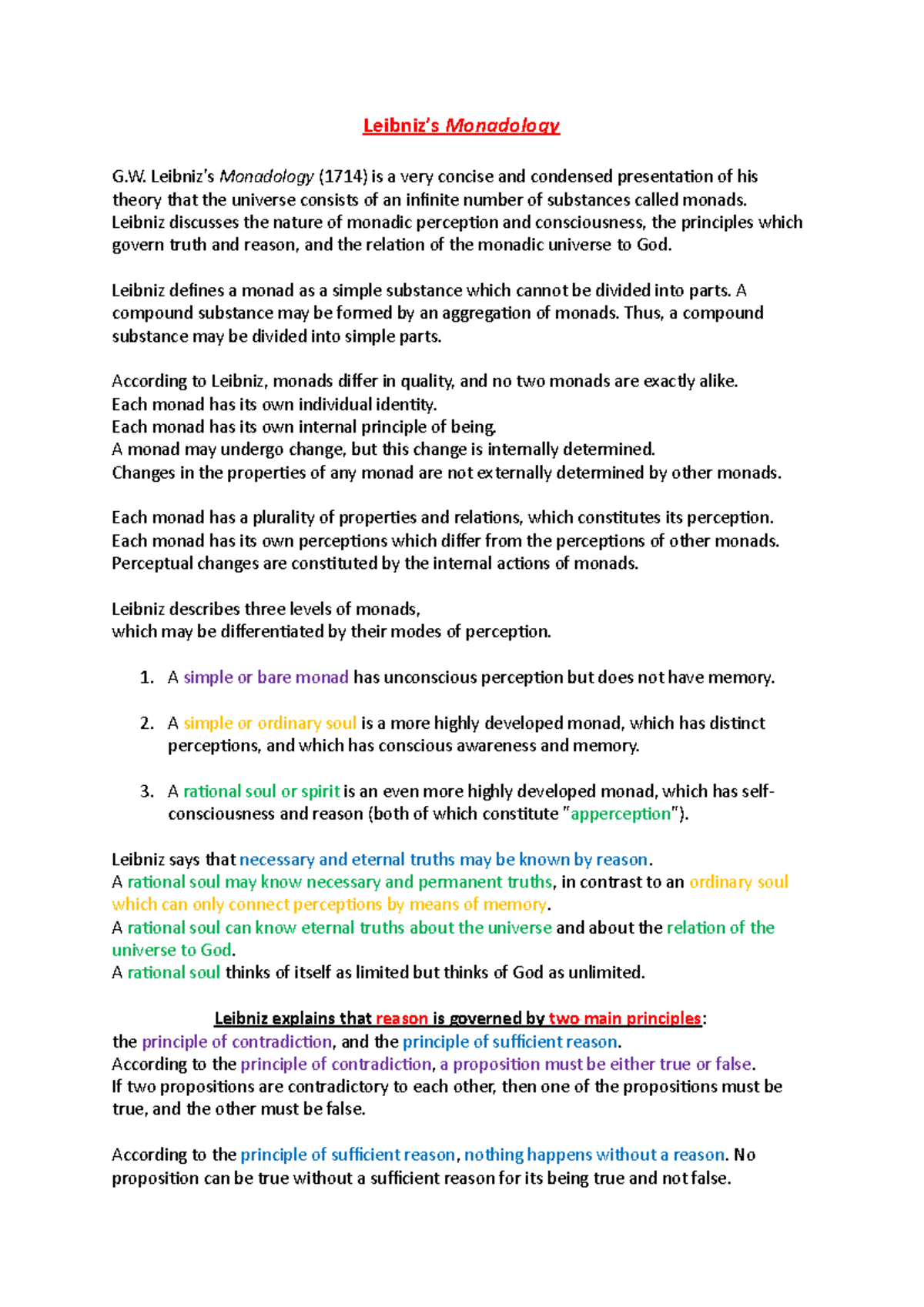 Leibniz - Monadology (summary) - Leibniz’s Monadology G. Leibniz’s ...