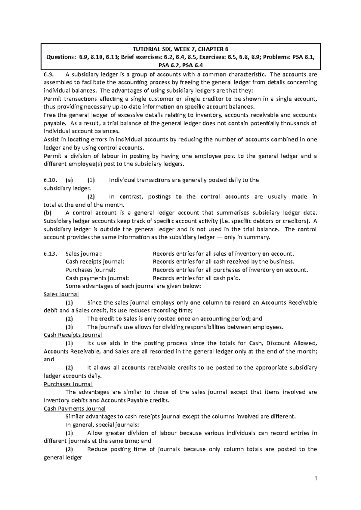 CO5117-TUTE 06 solutions - TUTORIAL SIX, WEEK 7, CHAPTER 6 Questions: 6, 6, 6; Brief exercises ...