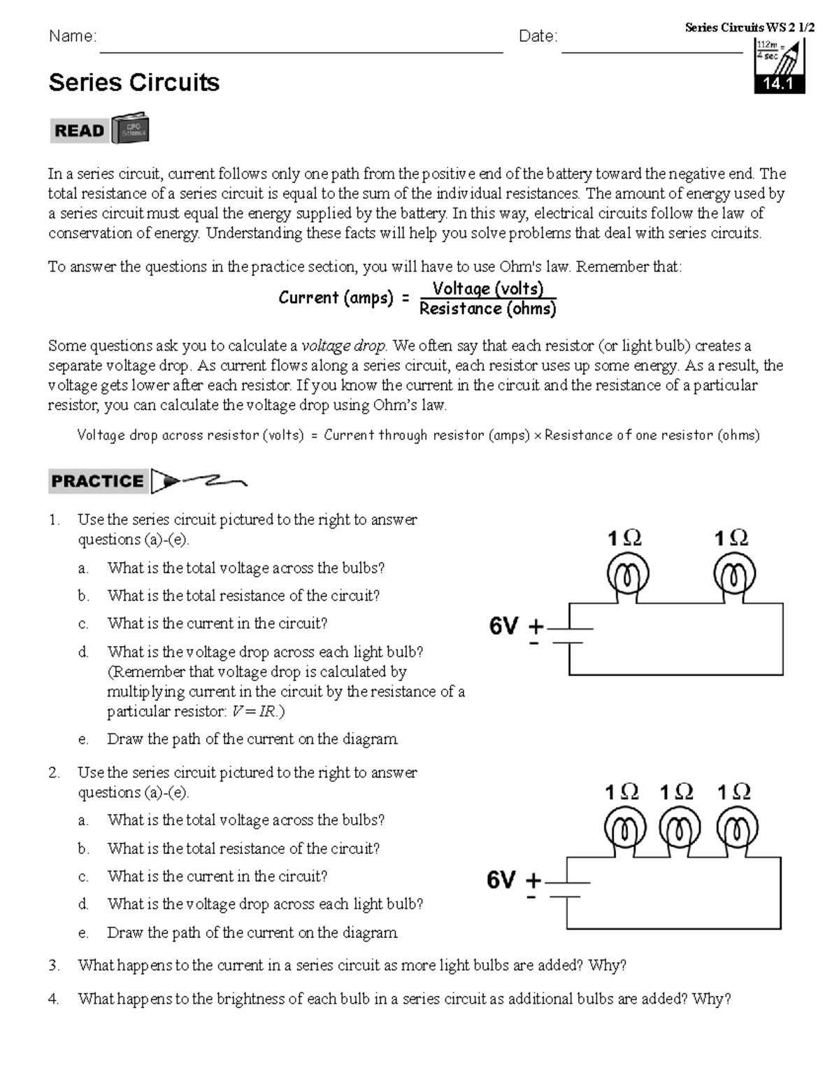 Series circuits ws 2 - Summary Civil Engineering - Name: Date: Series ...