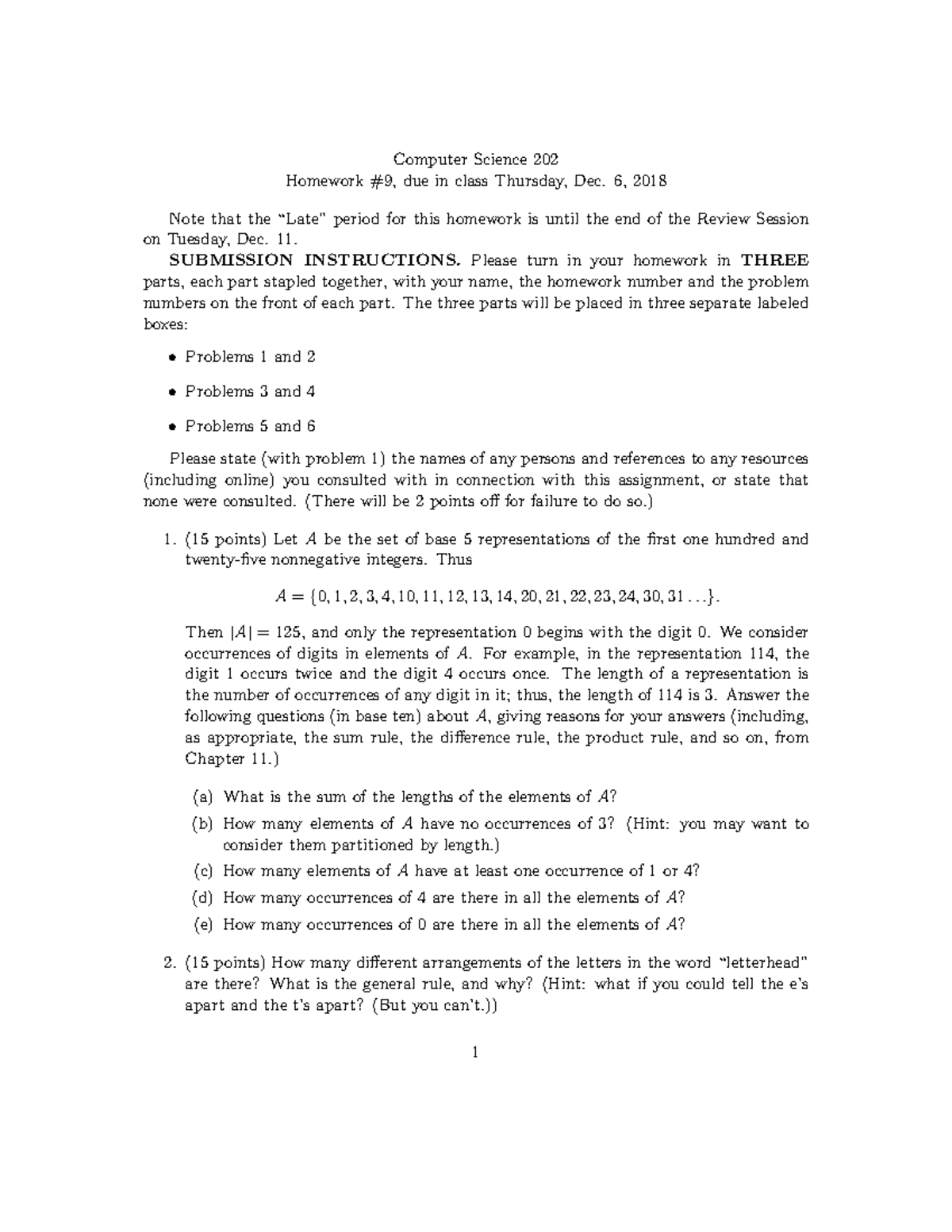 Hw9 - Homework 9 - Computer Science 202 Homework #9, due in class ...