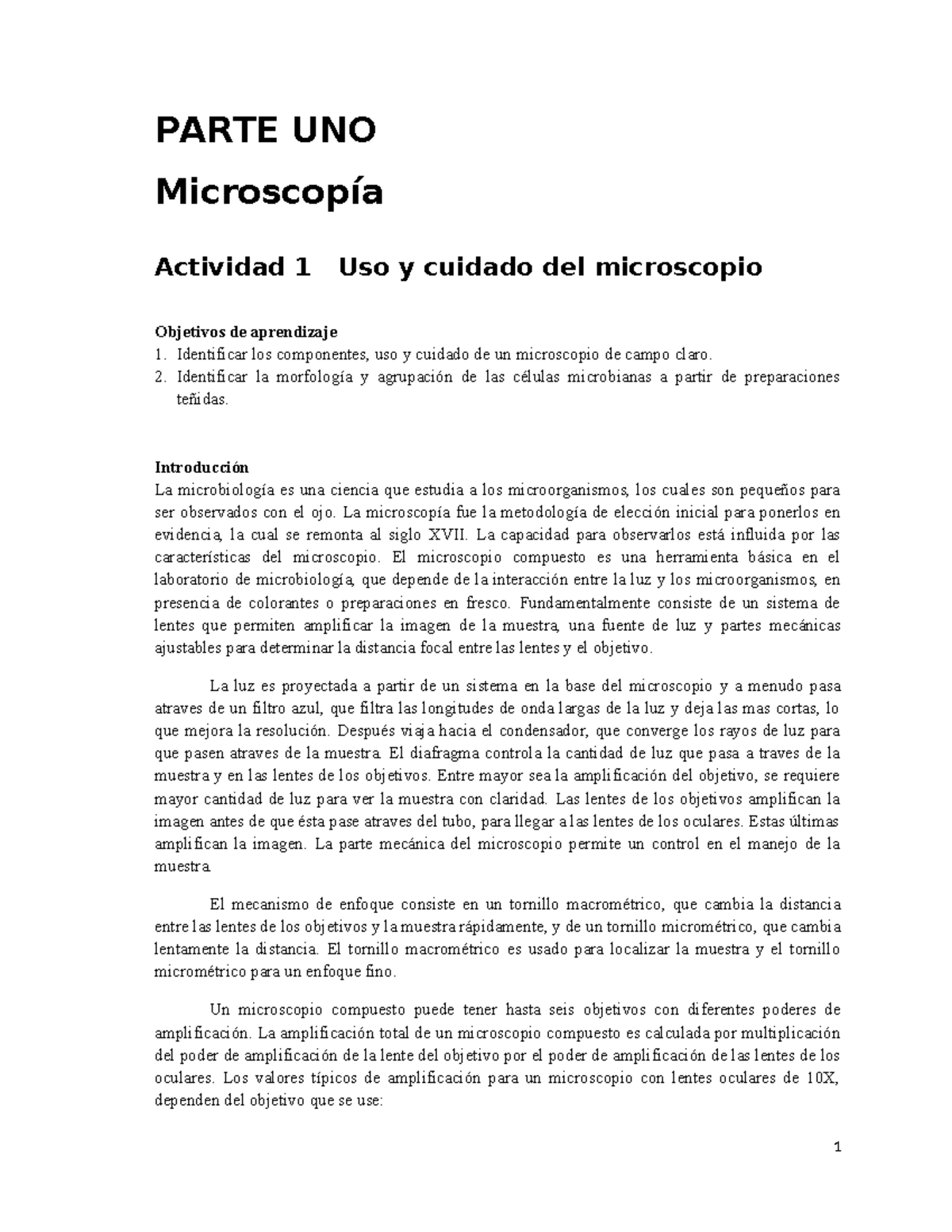 Actividad 1 Uso y cuidado del microscopio - PARTE UNO Microscopía ...