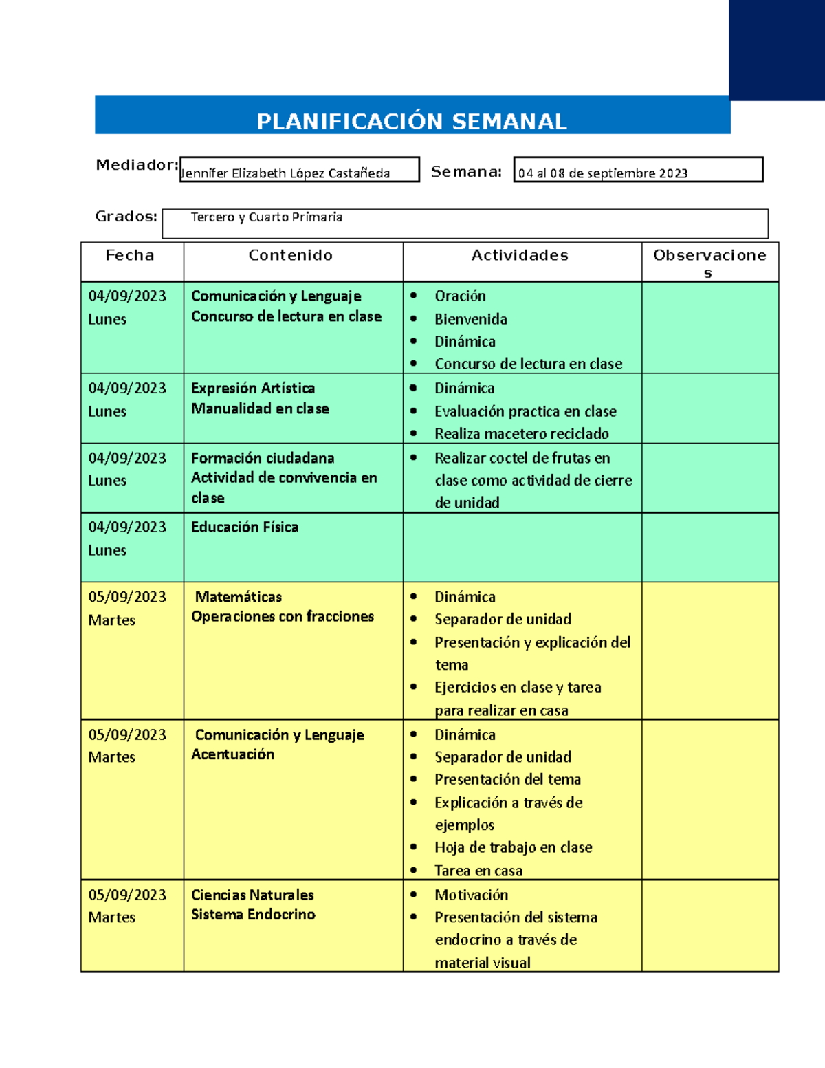 Plan Semanal del 04 al 08 de septiembre - PLANIFICACIÓN SEMANAL ...