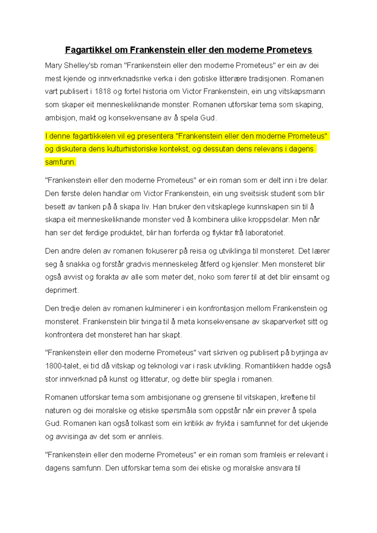 sidemål fagartikkel om Frankenstein eller den moderne Prometevs ...