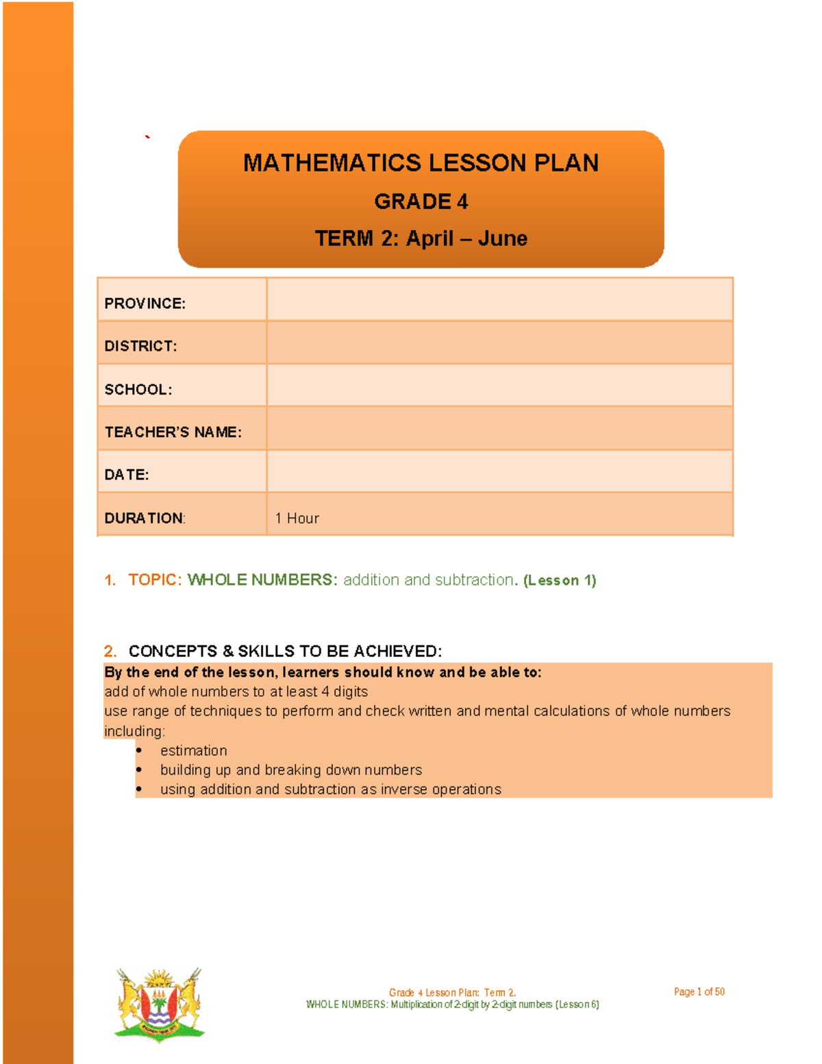 Maths Grade 4 Lesson plans - Grade 4 Lesson Plan: Term 2. ` PROVINCE ...