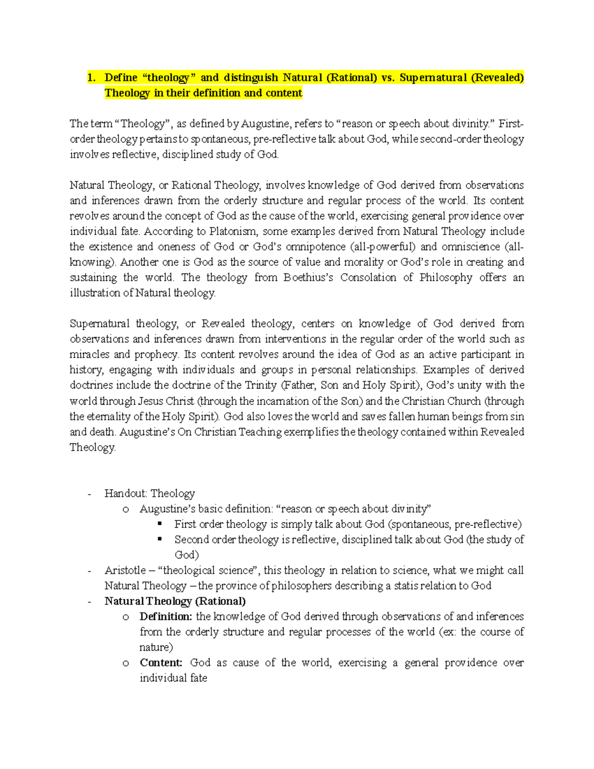 Questions for THEO Exam 2 - Define “theology” and distinguish Natural ...