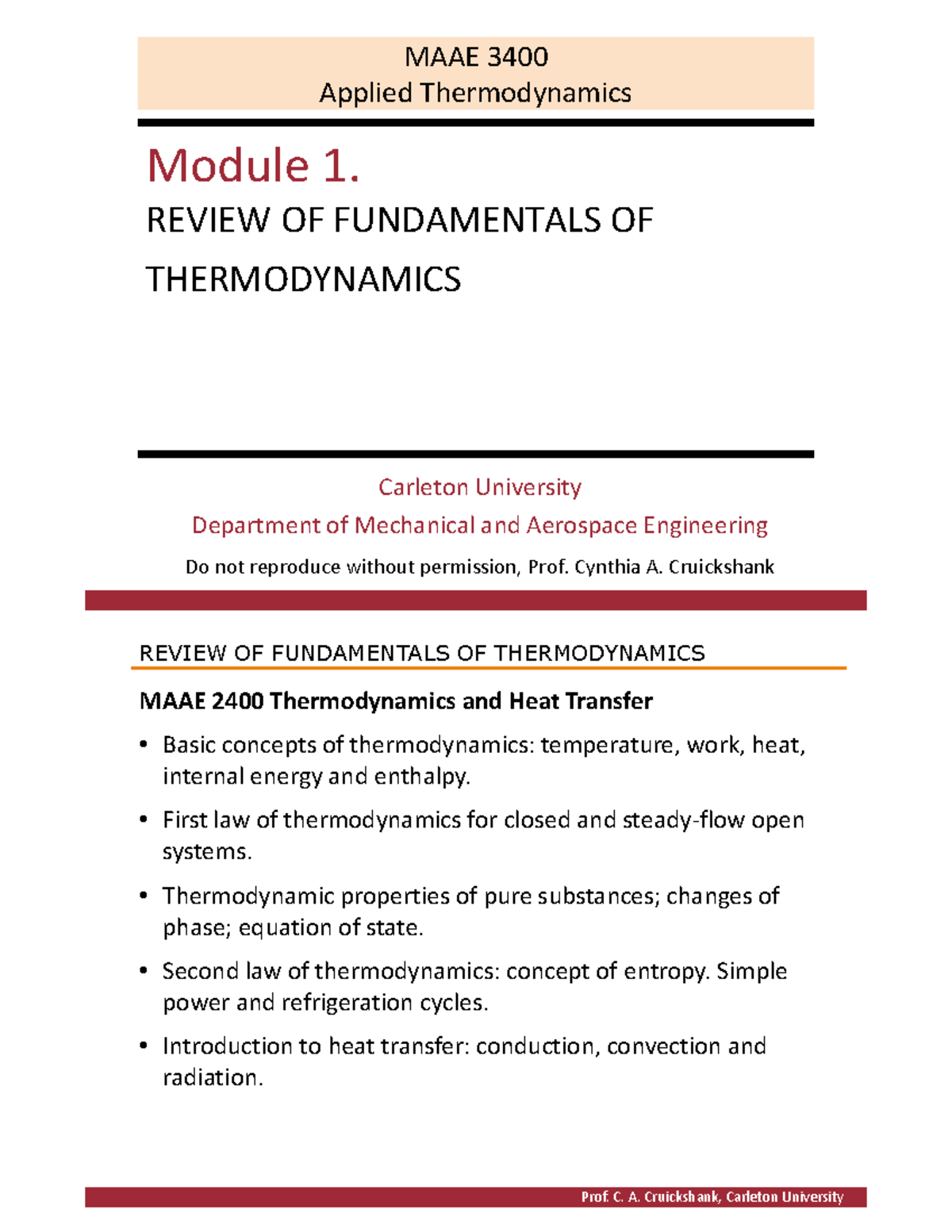MAAE3400 Module 1 - Module 1. REVIEW OF FUNDAMENTALS OF THERMODYNAMICS Carleton University - Studocu