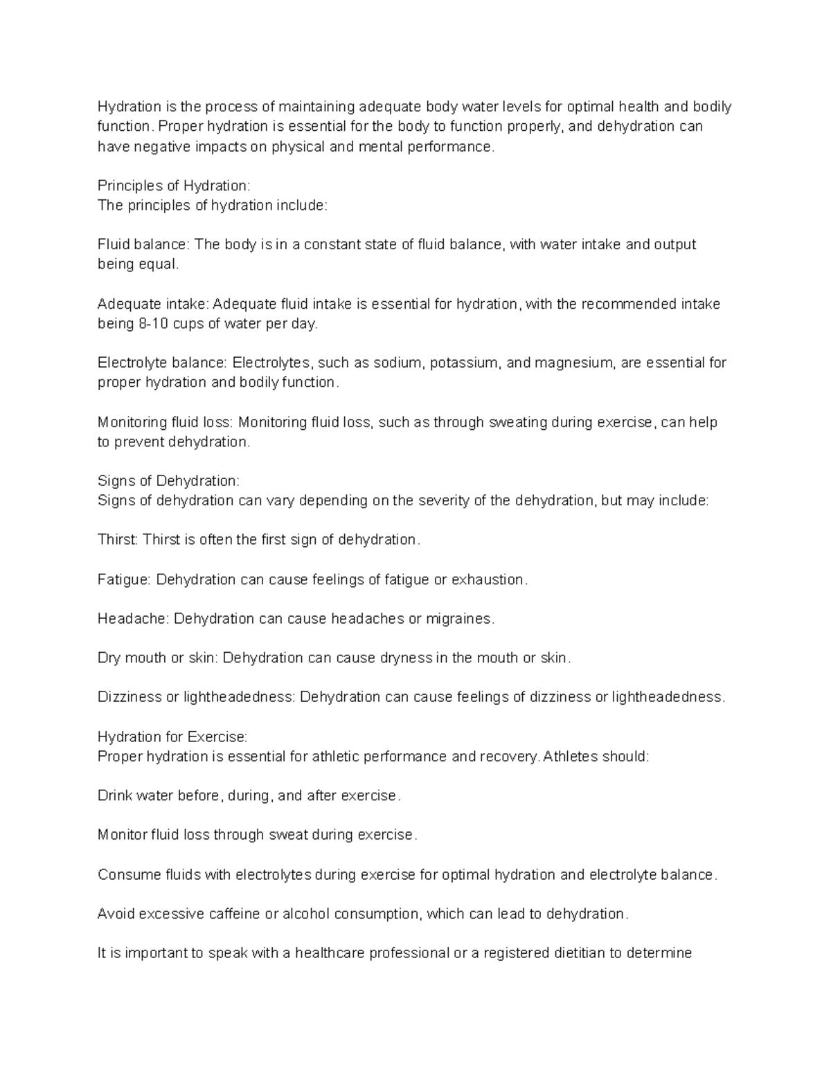 Hydration Notes - Hydration is the process of maintaining adequate body ...