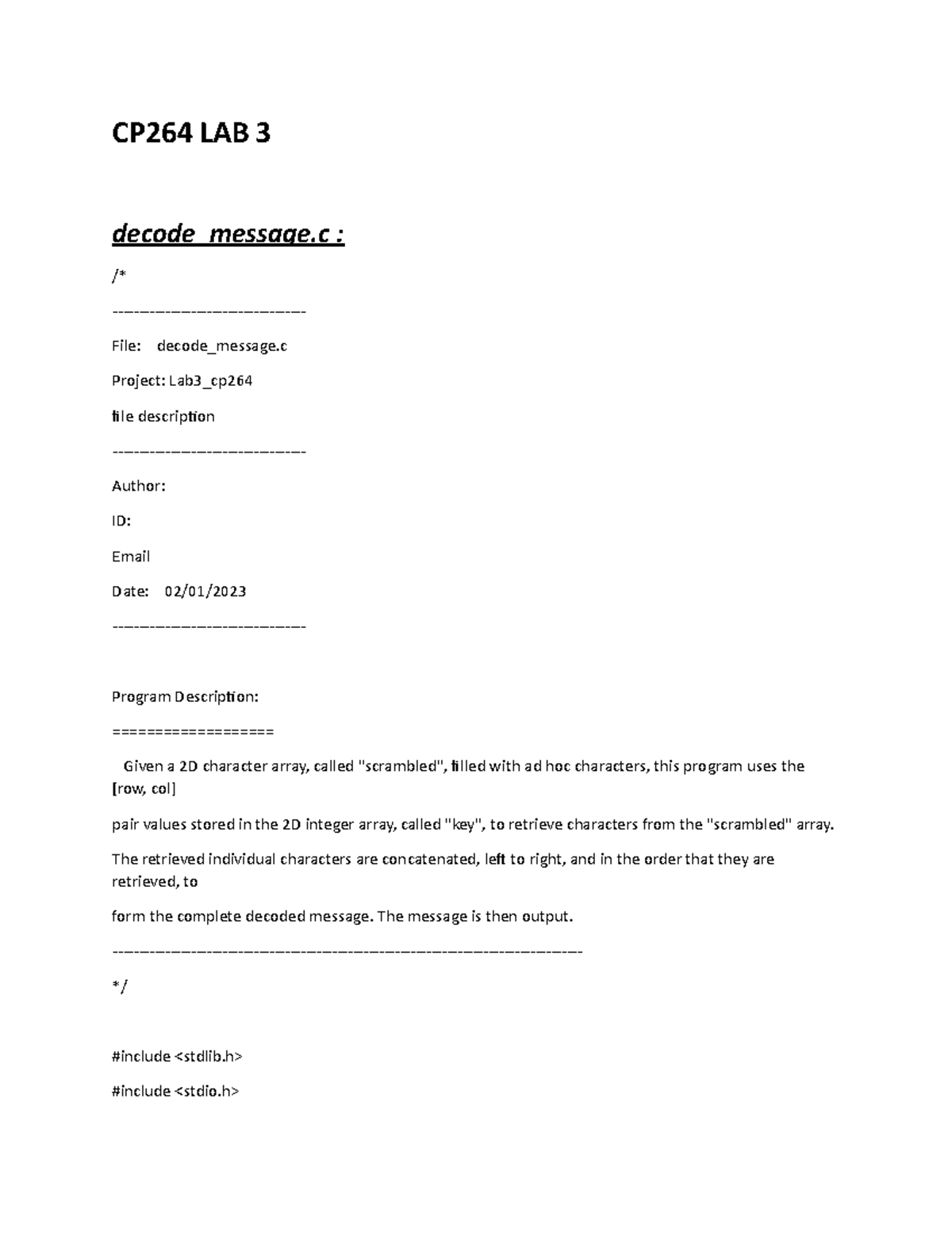 CP264 LAB 3 - decode_message.c - CP264 LAB 3 decode_message : /* - File: decode_message Project ...