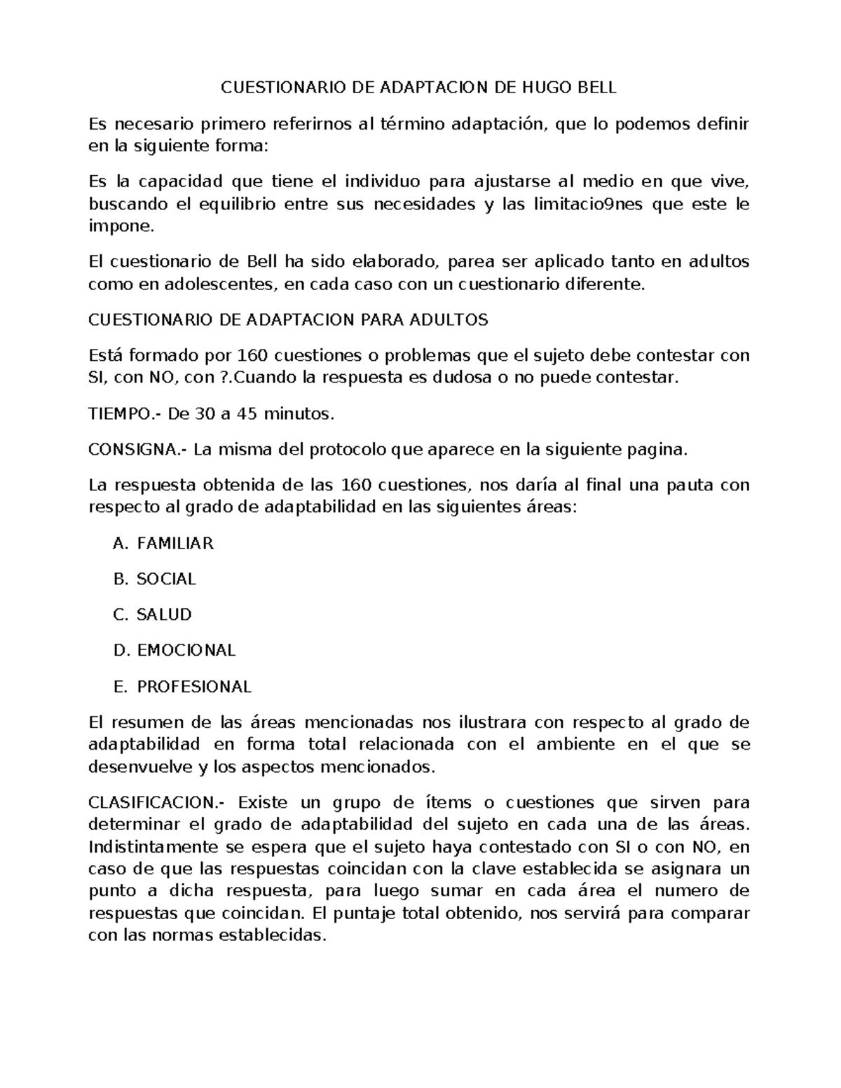 Manual TEST HUGO BELL - CUESTIONARIO DE ADAPTACION DE HUGO BELL Es ...