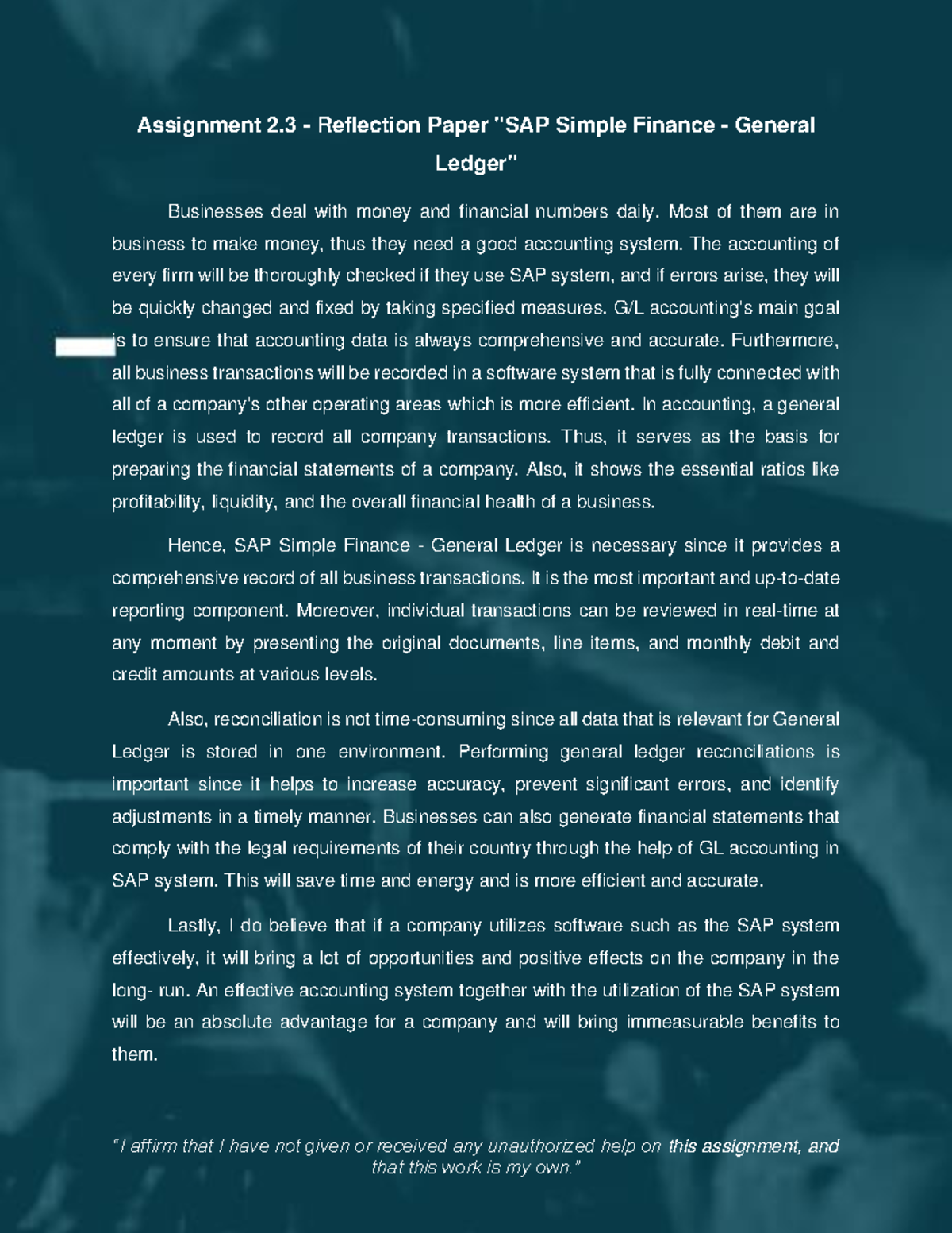 Assignment 2.3 - Reflection Paper SAP Simple Finance General Ledger ...