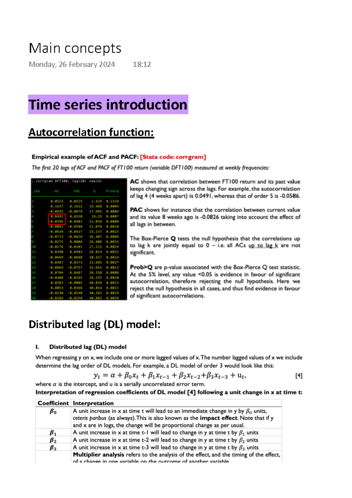 Main concepts - Time series introduction Autocorrelation function: Distributed lag (DL) model ...