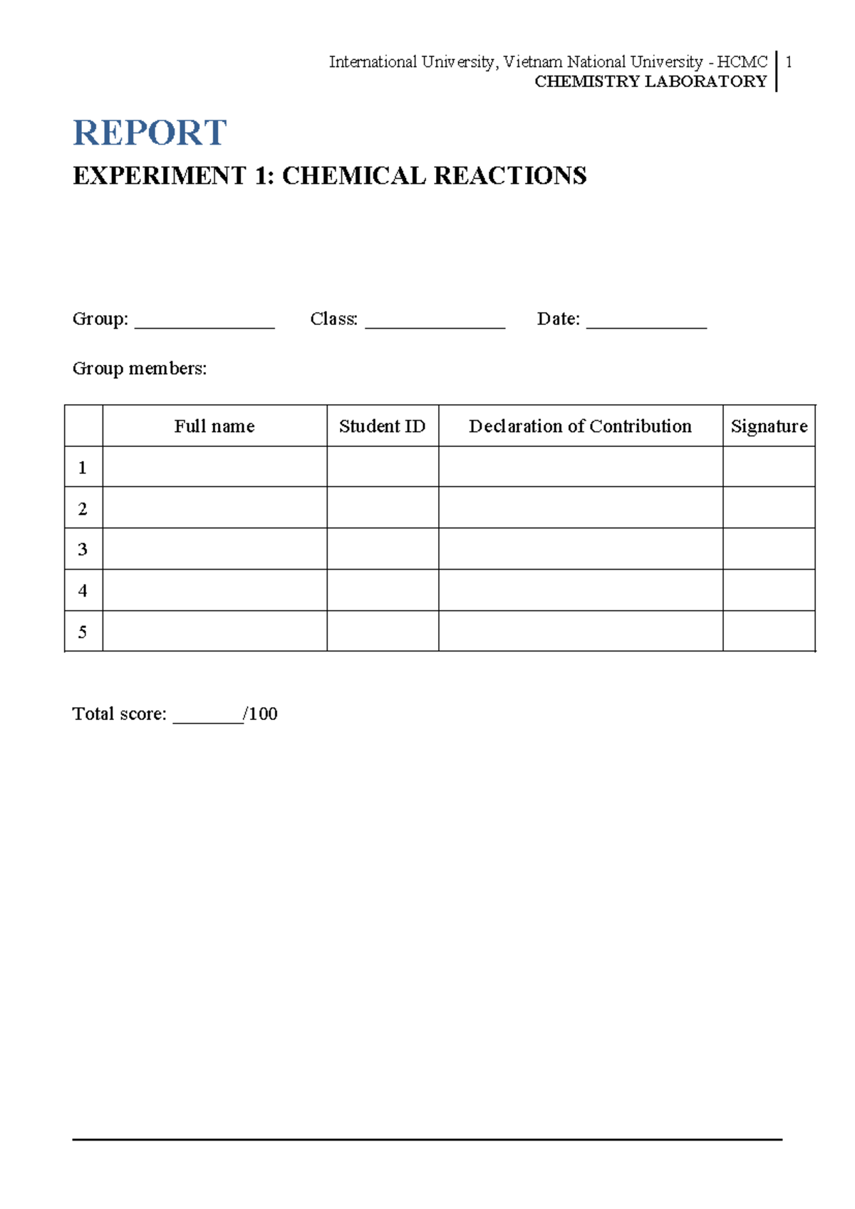[CHEM LAB] Report Template - CHEMISTRY LABORATORY REPORT EXPERIMENT 1 ...