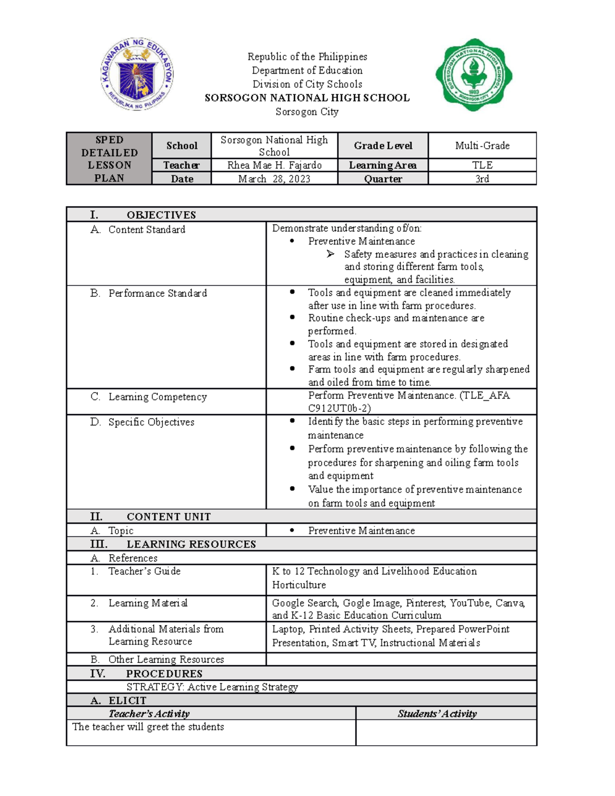 TLE DLP - DLP - Republic of the Philippines Department of Education ...