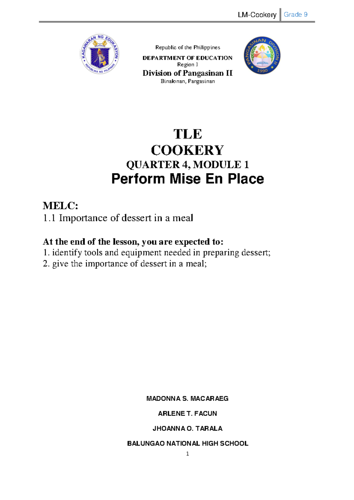 Q4 Module 1 G9 Cookery Balungaonhs - Republic of the Philippines ...