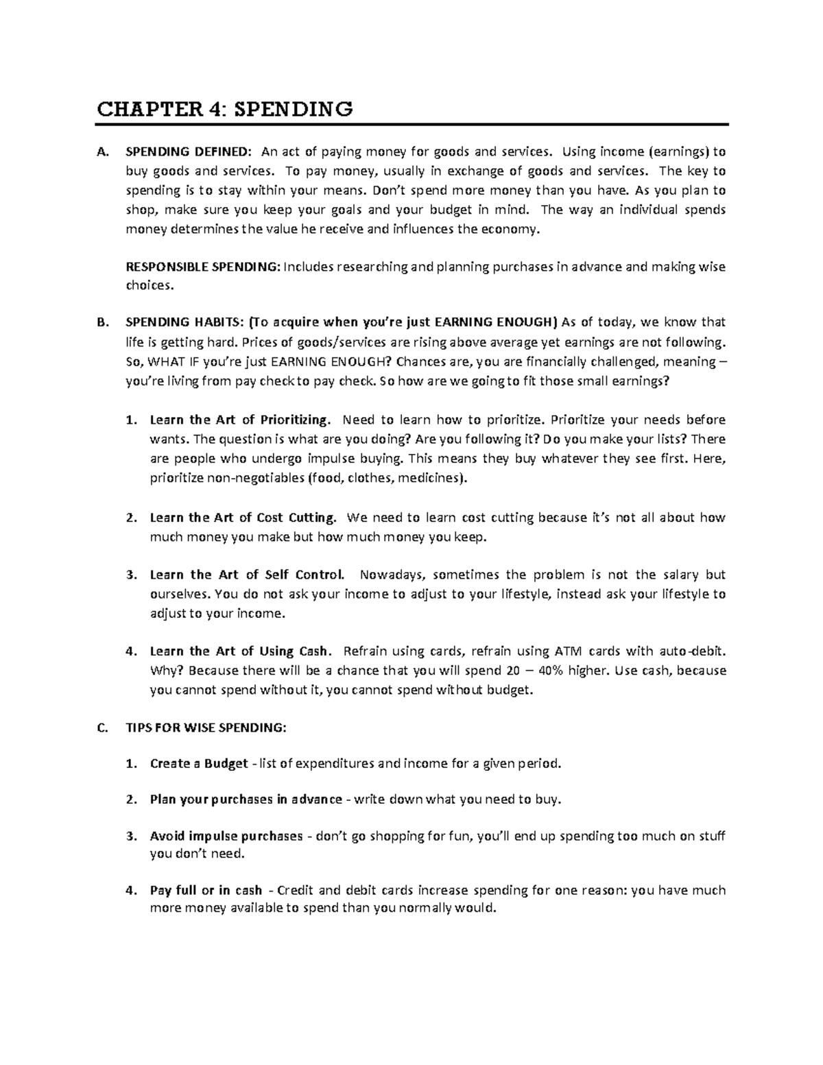 Chapter 4 Spending - Personal Finance - CHAPTER 4: SPENDING A. SPENDING ...