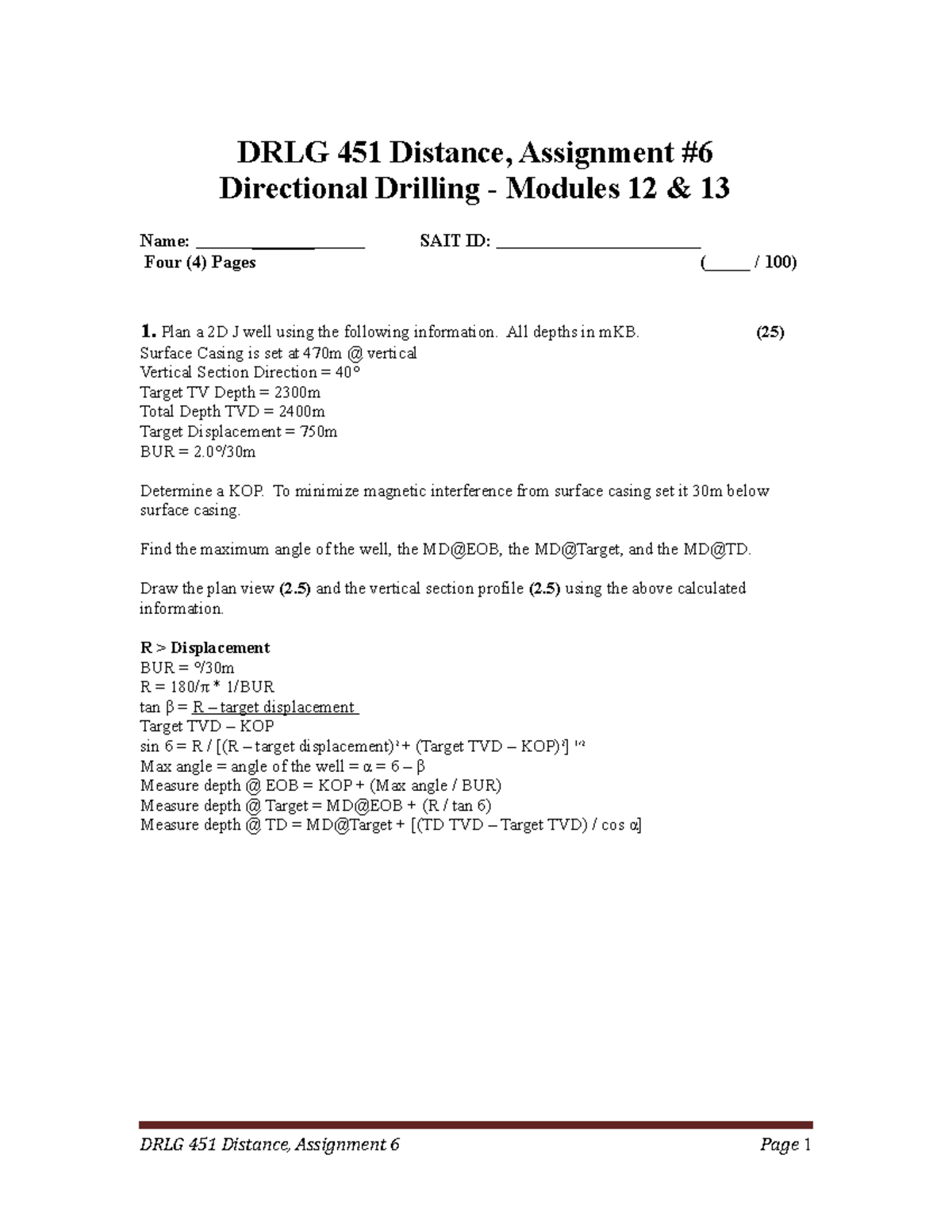 Assignment 6 questions - DRLG 451 Distance, Assignment Directional ...