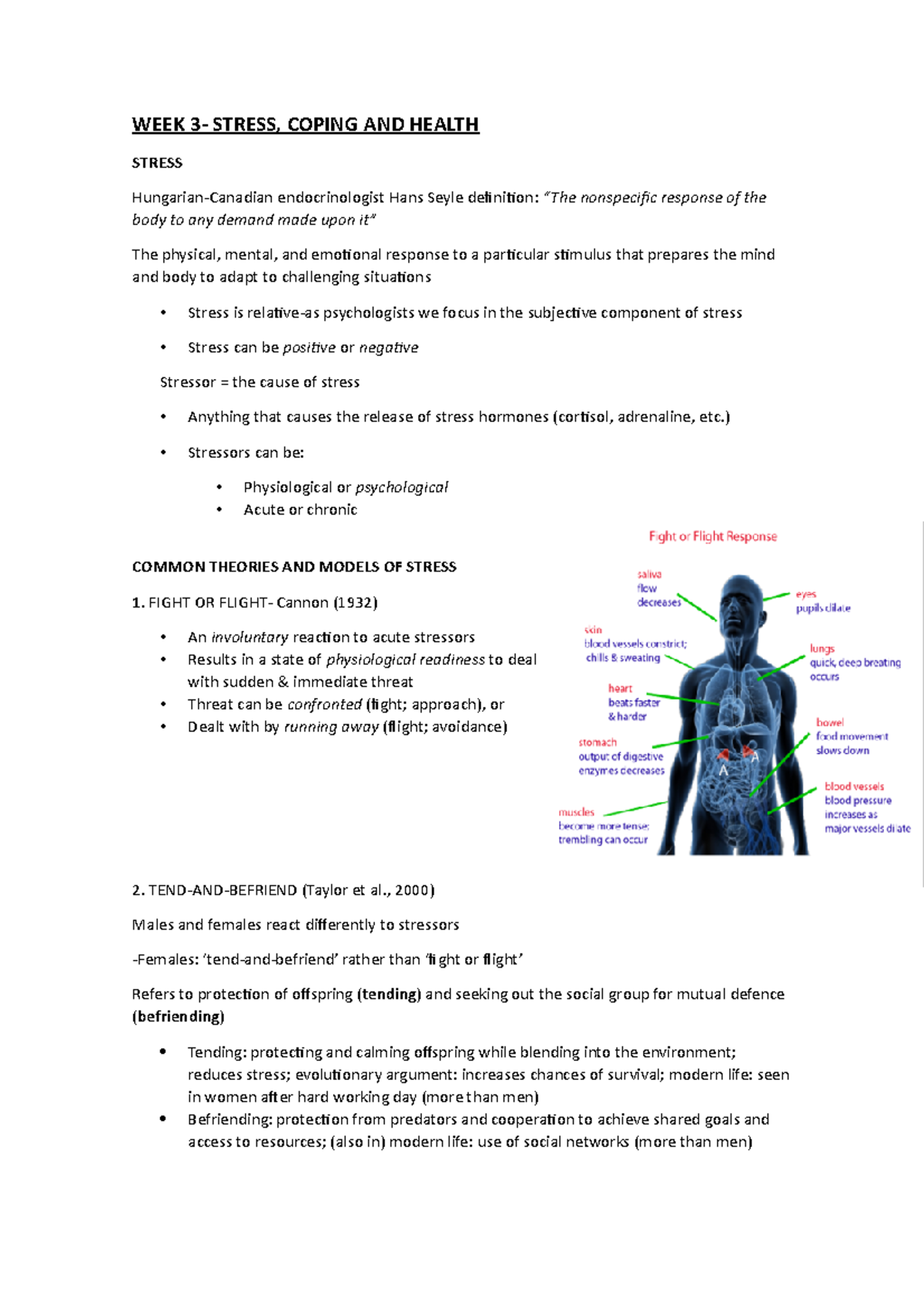 Week 3-Stress - Lecture notes 3 - WEEK 3- STRESS, COPING AND HEALTH ...
