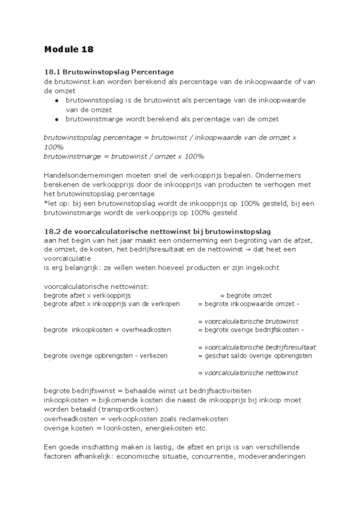 M&O - module 18,19,20,25,26&27 - Module 18 18 Brutowinstopslag ...