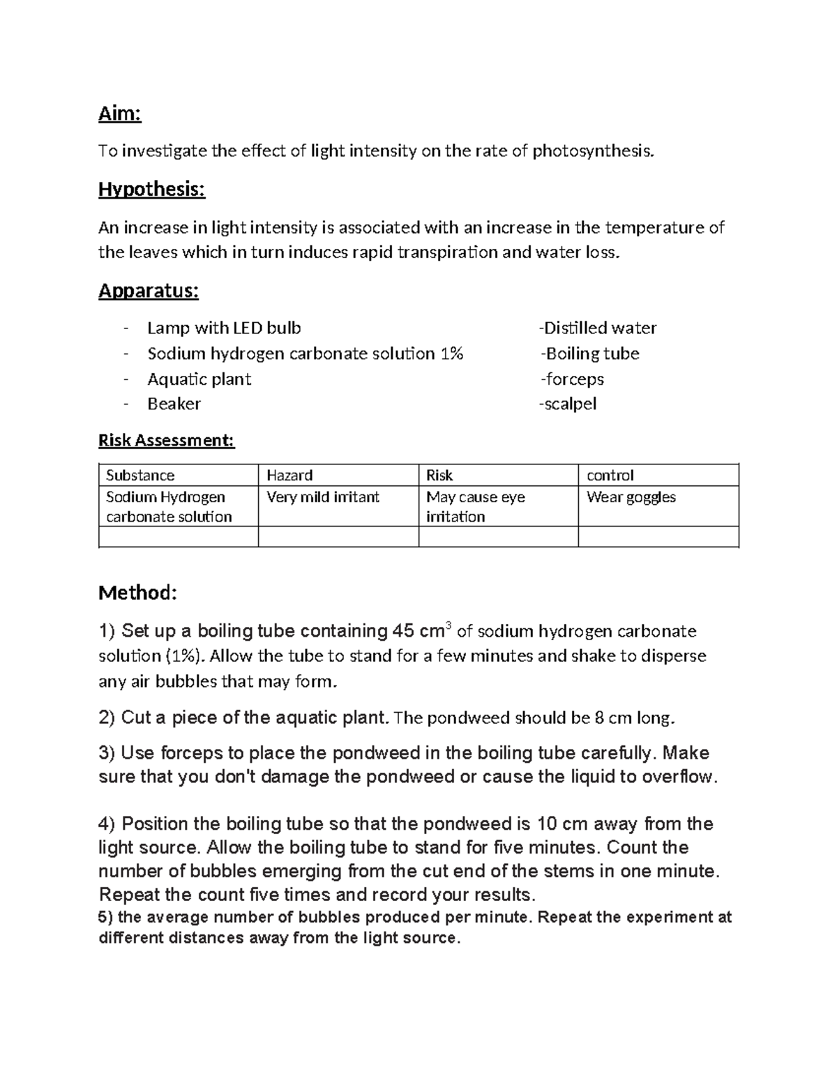 Photosynthesis practical - Aim: To investigate the effect of light ...