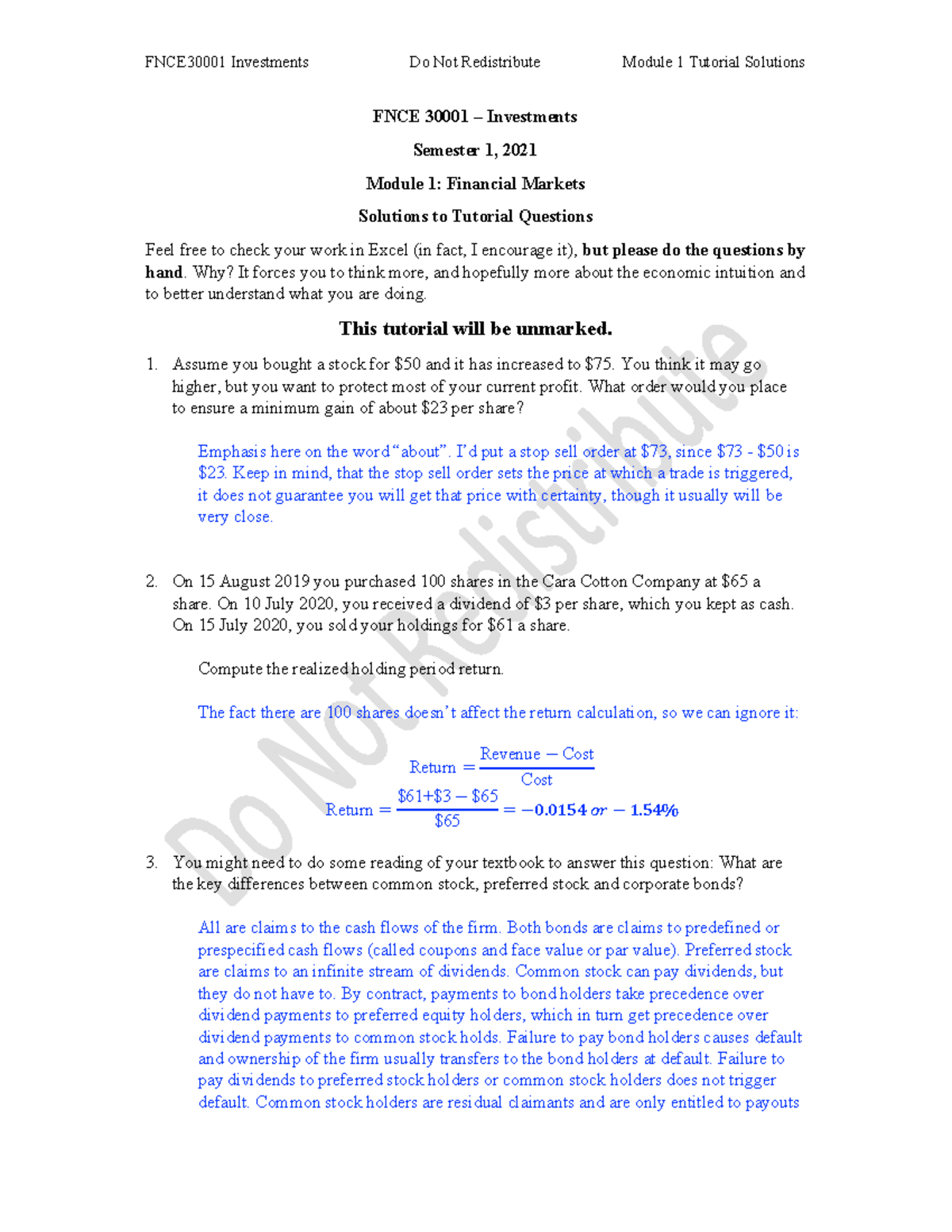 ALL FNCE30001 Tutorial Solutions - Investments Do Not Redistribute ...