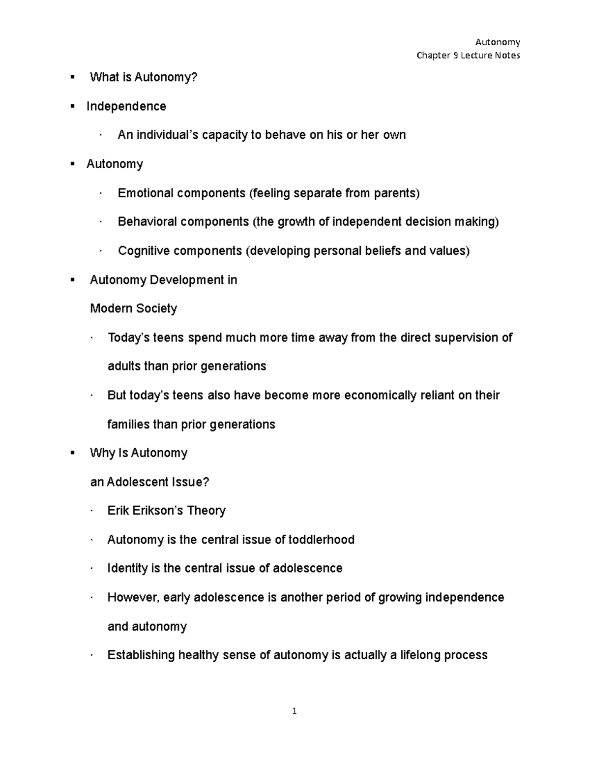 2021 - Adolescent Psychology - Lecture Notes - CH 9 - Autonomy - What ...