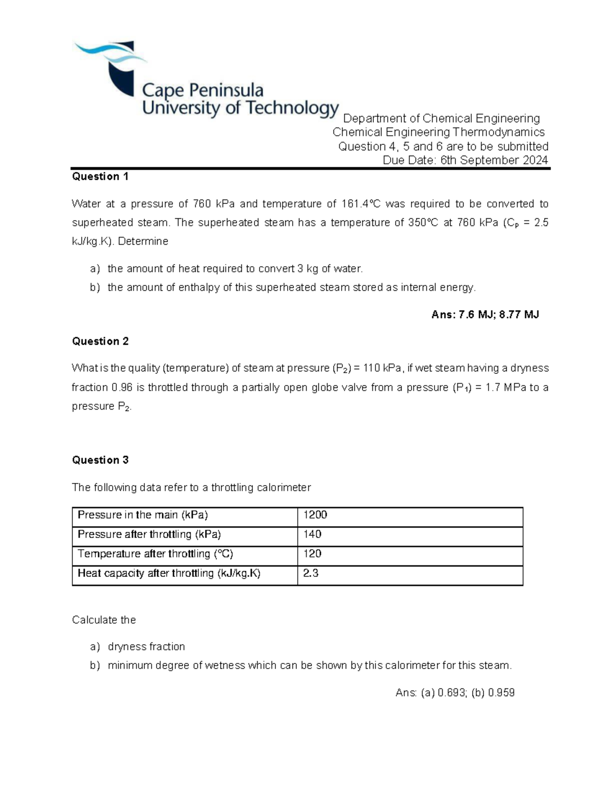 Tutorial 3 - Chemical Engineering Thermodynamics Question 4, 5 and 6 ...