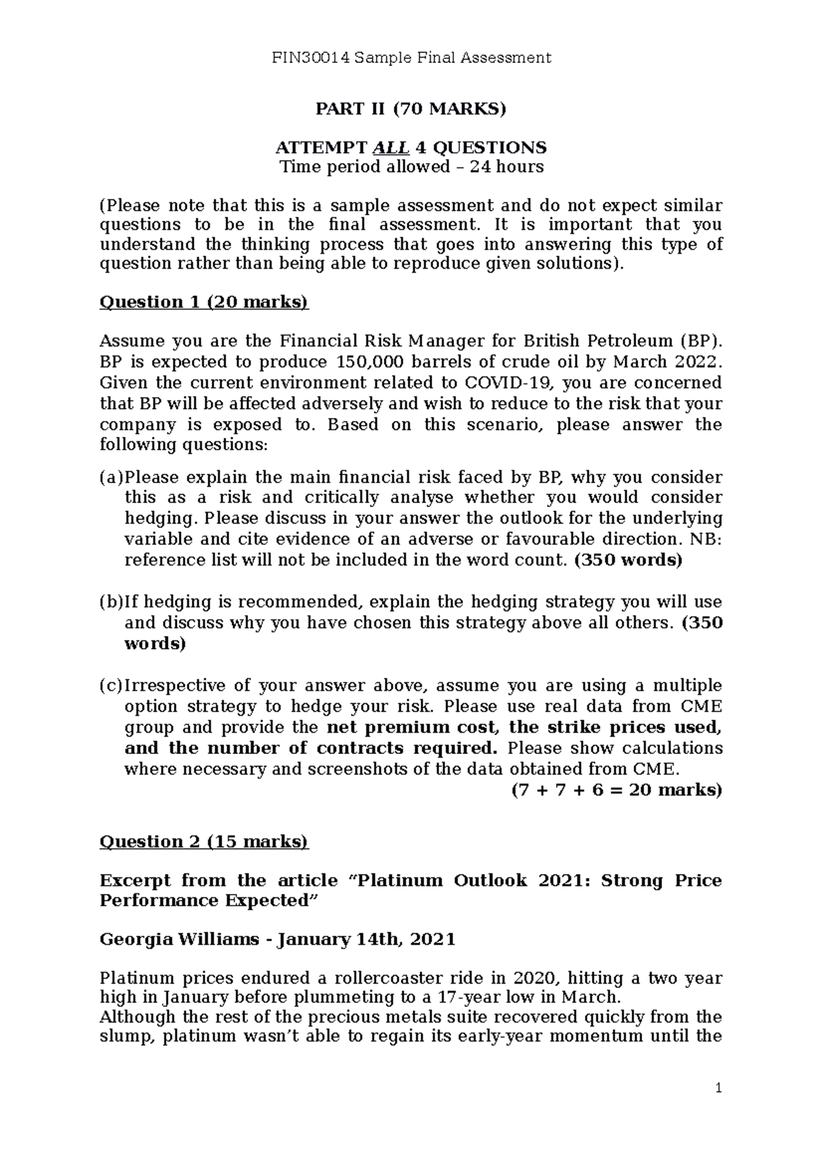 Sample Final Question - FIN30014 Sample Final Assessment PART II (70 ...
