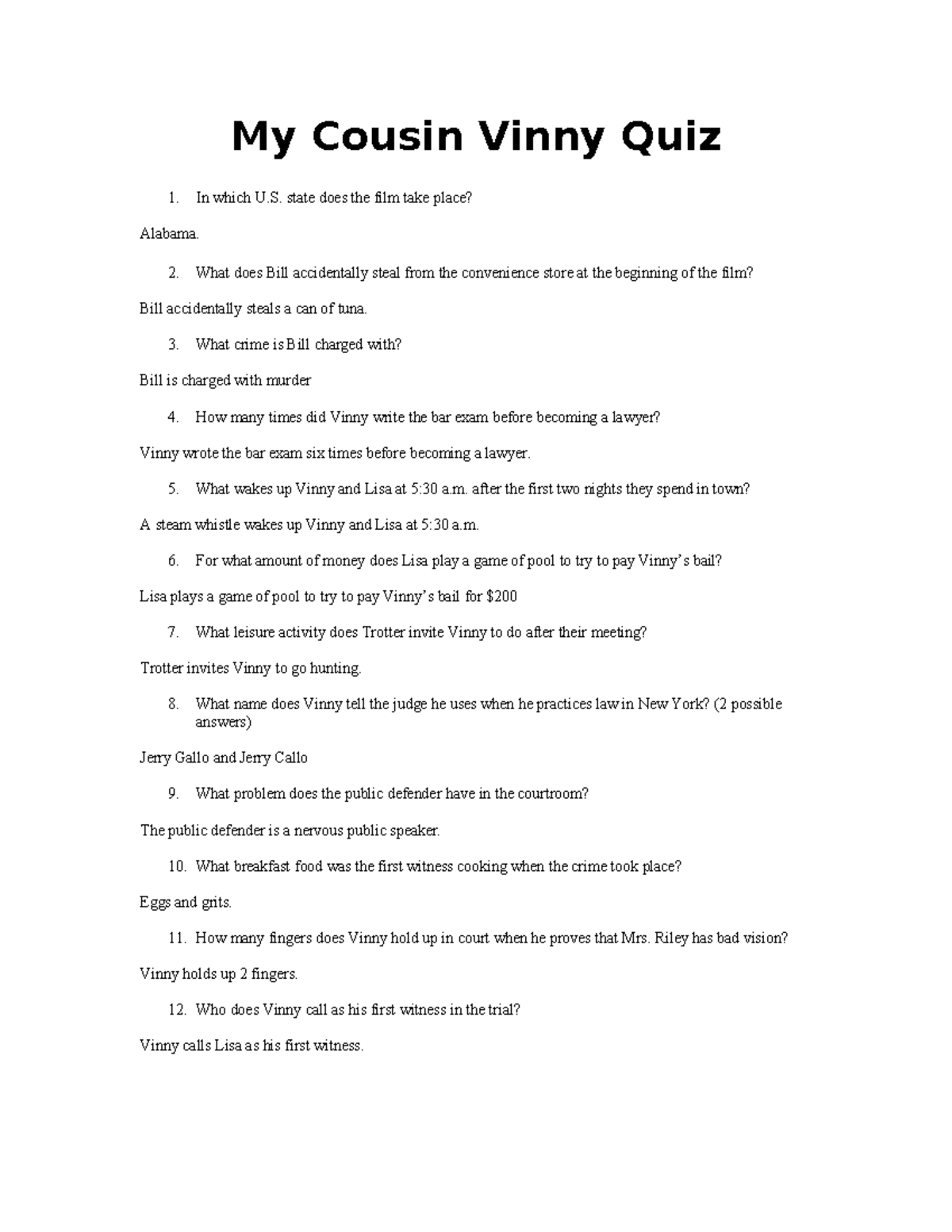 My Cousin Vinny Viewing Quiz - My Cousin Vinny Quiz 1. In which U ...
