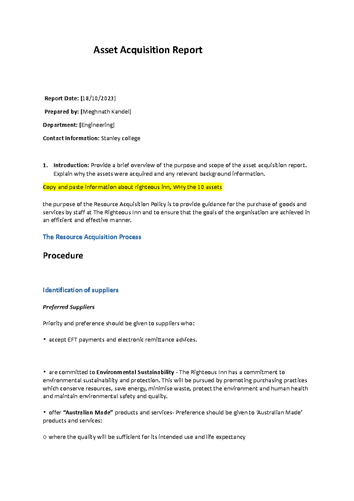 Asset Aquisition Template - Asset Acquisition Report Report Date: [18 ...