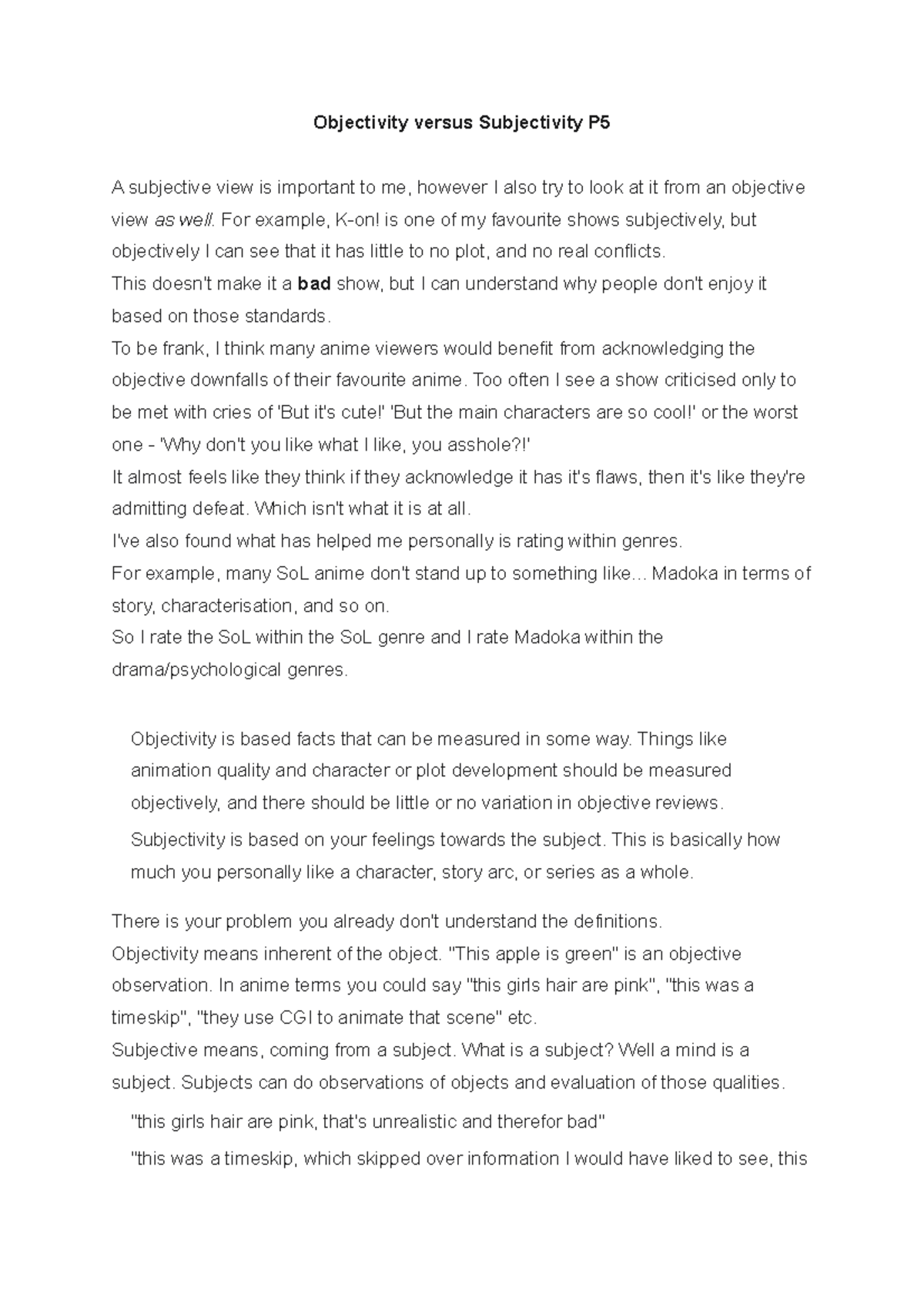 Objectivity v. Subjectivity P5 - Objectivity versus Subjectivity P A ...