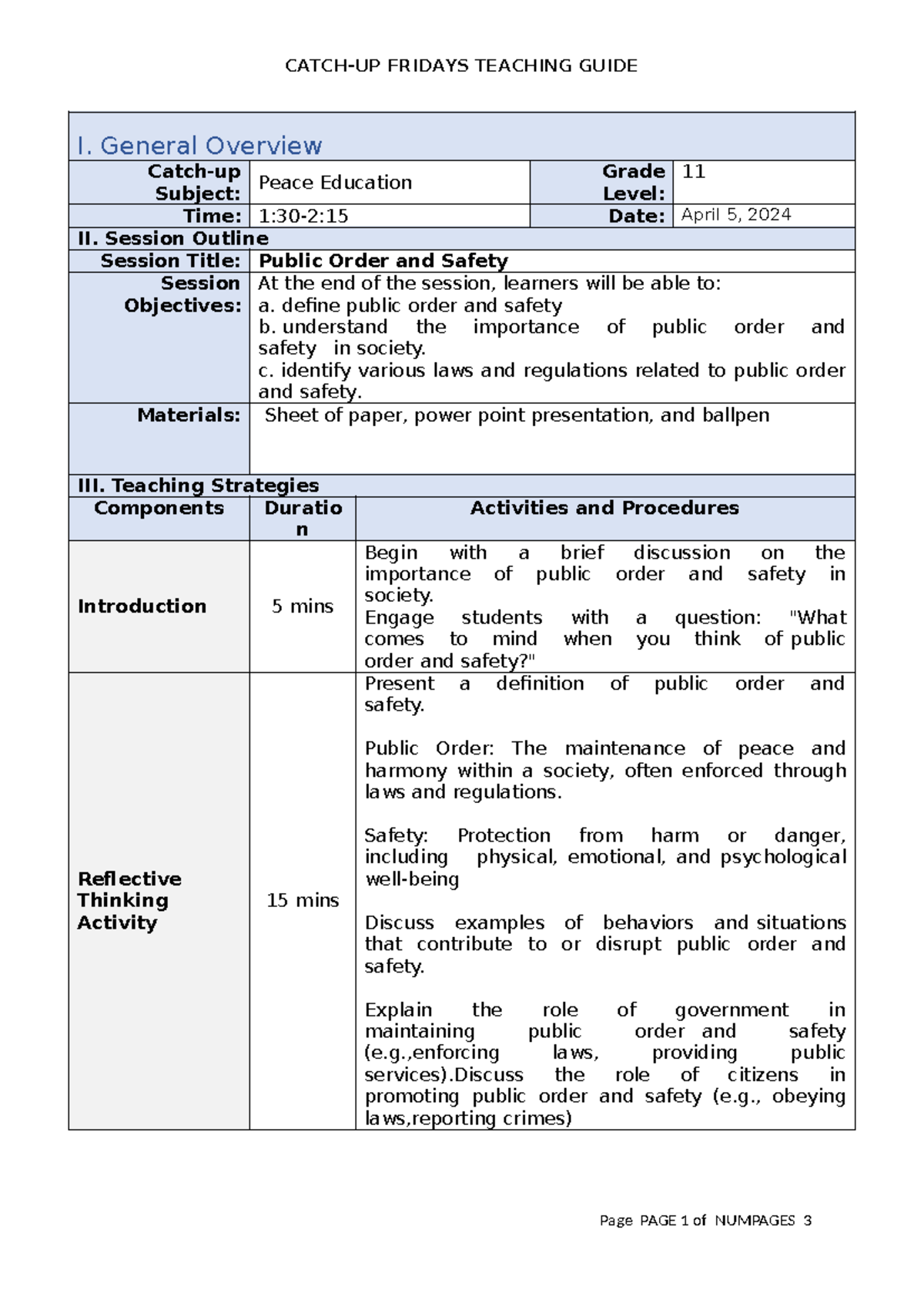 Peace- Education- Teaching- Guide G11 - CATCH-UP FRIDAYS TEACHING GUIDE I. General Overview ...