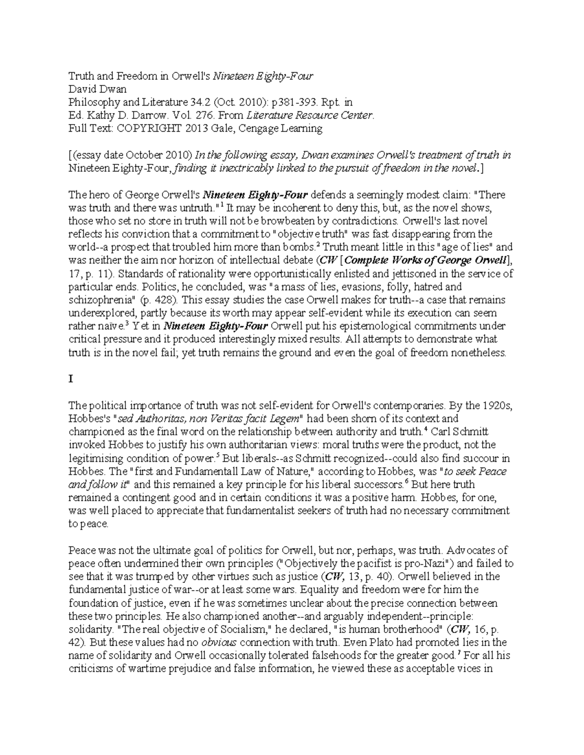 Truth and Freedom in Orwell - 2010): p381-393. Rpt. in Ed. Kathy D. Darrow. Vol. 276. From - Studocu