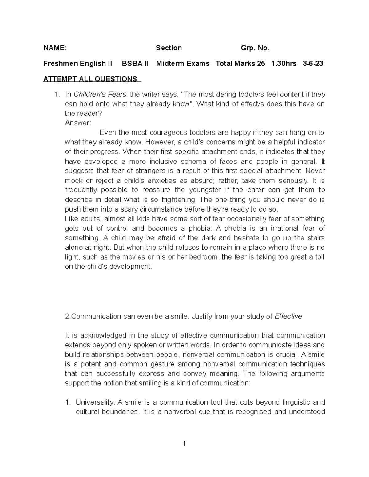 Mid Term Exam Spring 2023 FE II - NAME: Section Grp. No. Freshmen ...