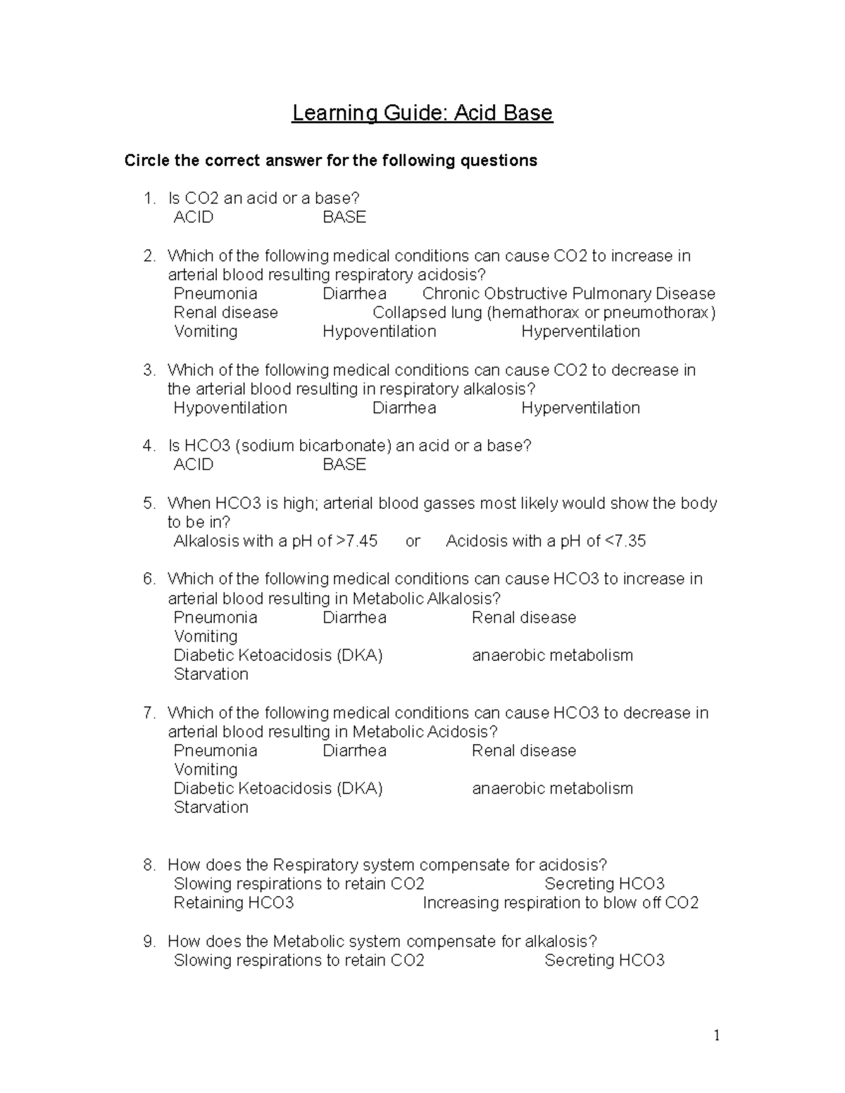 Acid Base Learning Guide Exam Outline - Learning Guide: Acid Base ...