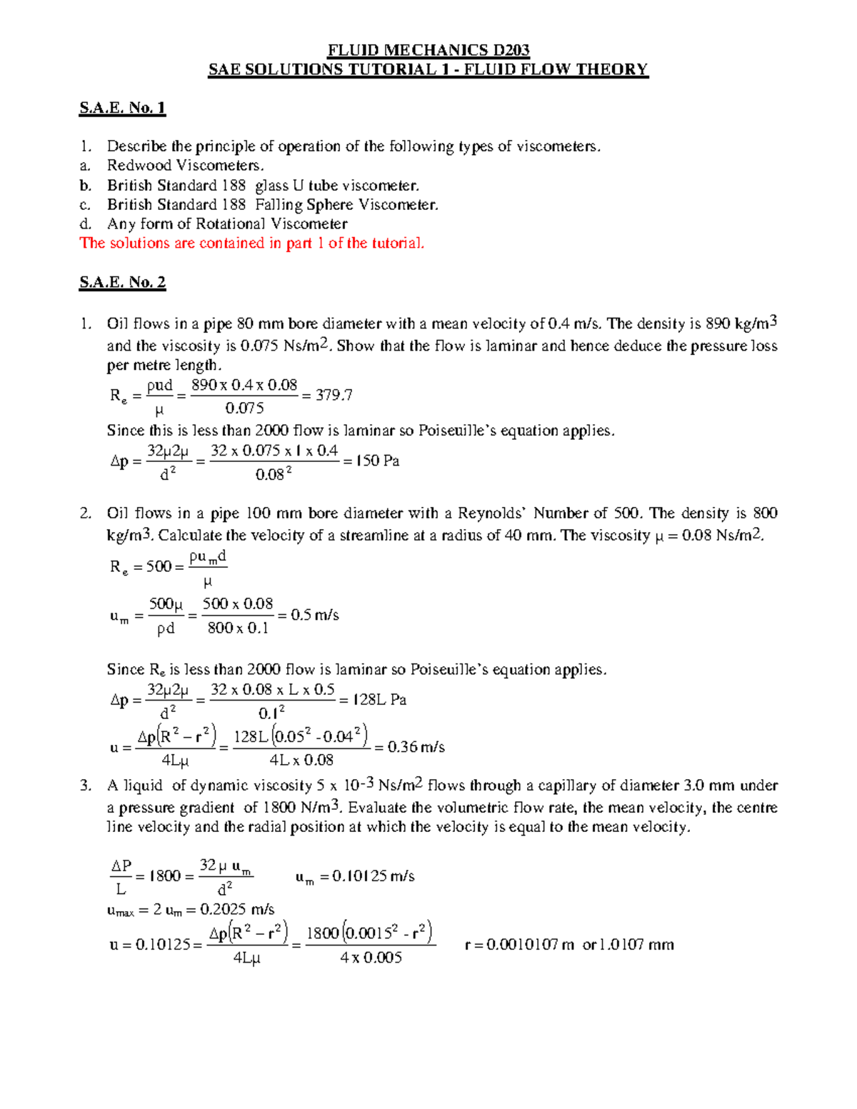 Fluid Mechanics D203 Reseni FLUID MECHANICS D203 SAE SOLUTIONS