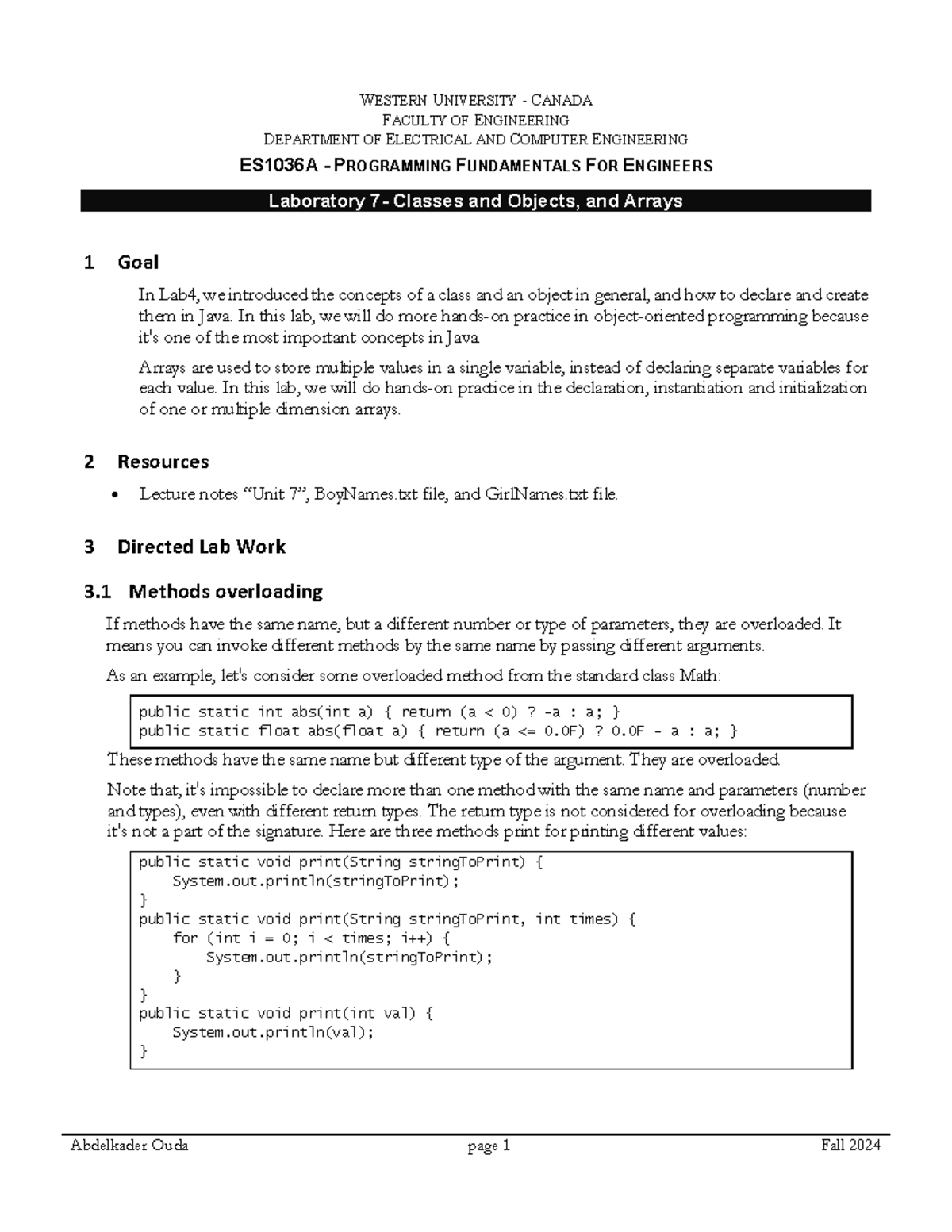 ES1036A Lab 7 2024 - nfdgnfsdt - W ESTERN UNIVERSITY - CANADA F ACULTY OF E NGINEERING ...