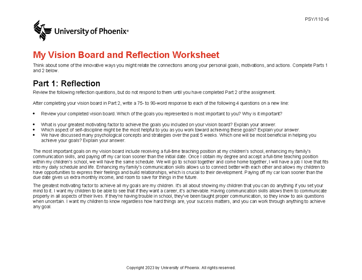 Psy110 v6 wk5 my vision board and reflection worksheet - PSY/110 v My ...