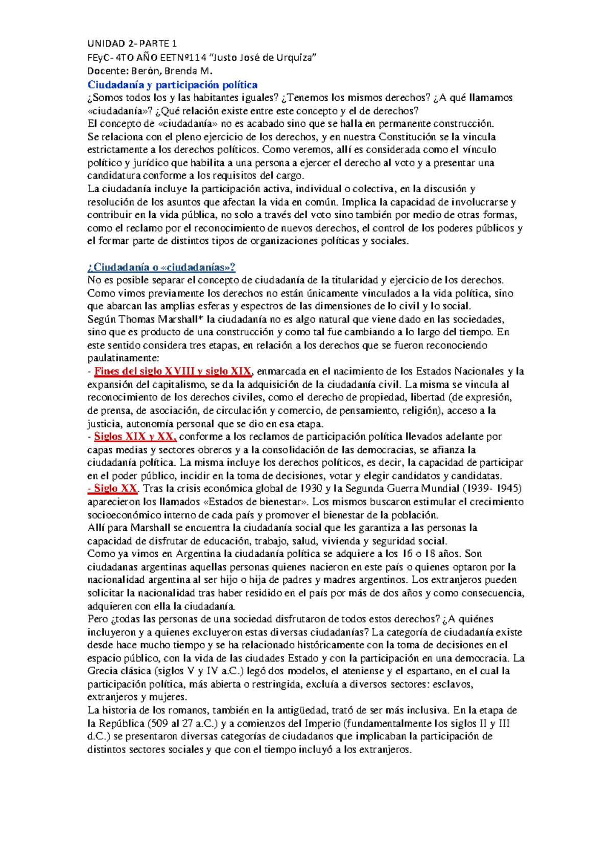 Unidad 2- Parte 1-Ciudadanía y participación política - UNIDAD 2- PARTE 1 FEyC- 4TO AÑO EETNº114 ...