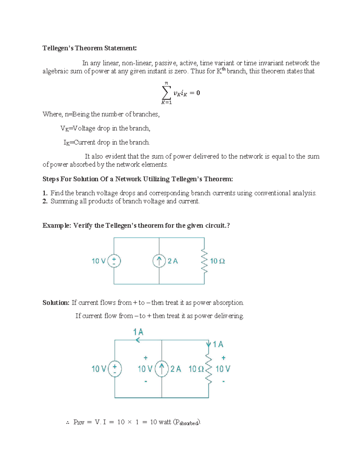 Electrical circuits lecture p8 - Tellegen’s Theorem Statement: In any ...