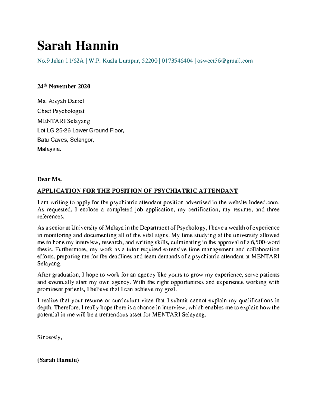 Sarahhannin Cover Letter - Sarah Hannin No Jalan 11/62A | W. Kuala ...