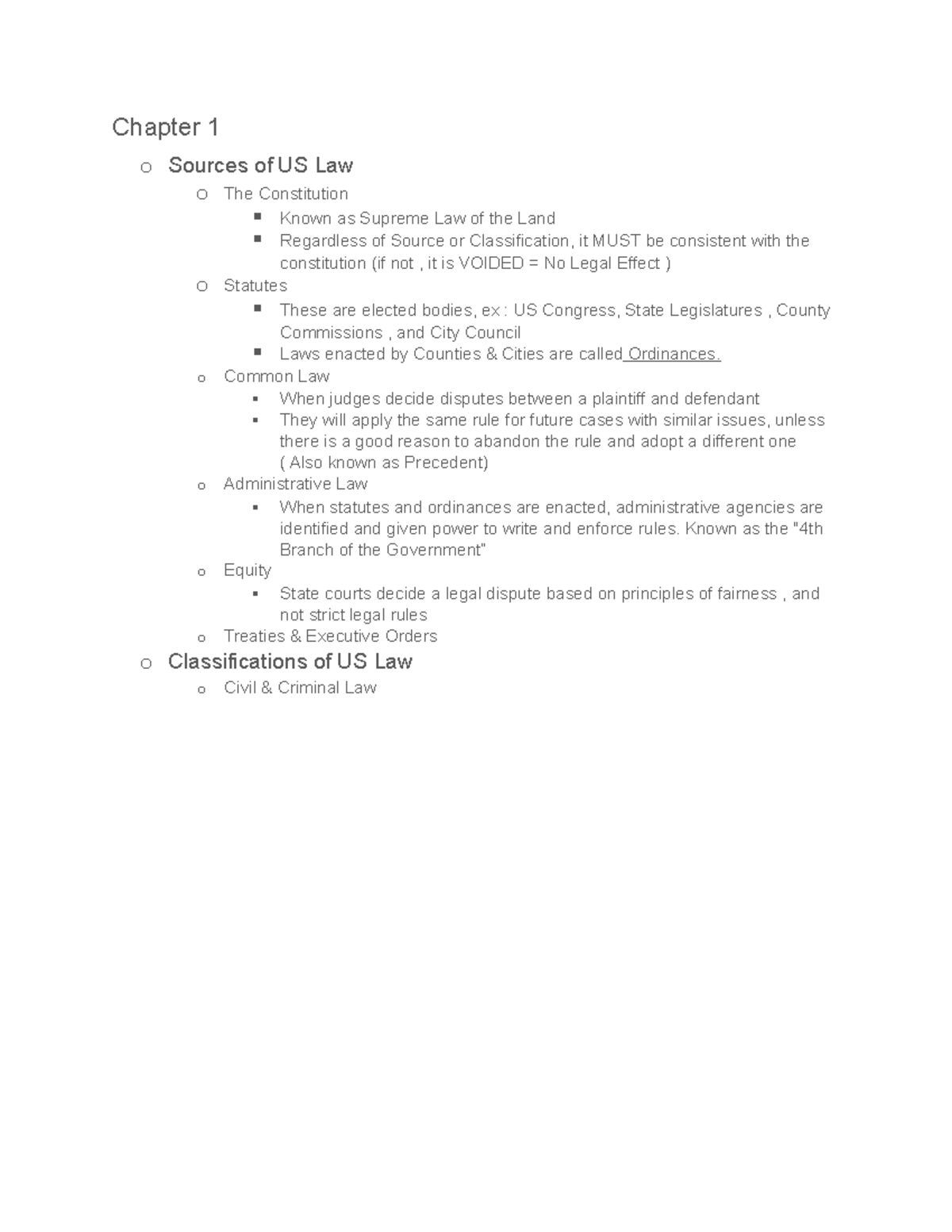 BA 3301 Final Exam Notes - Chapter 1 o Sources of US Law o The ...