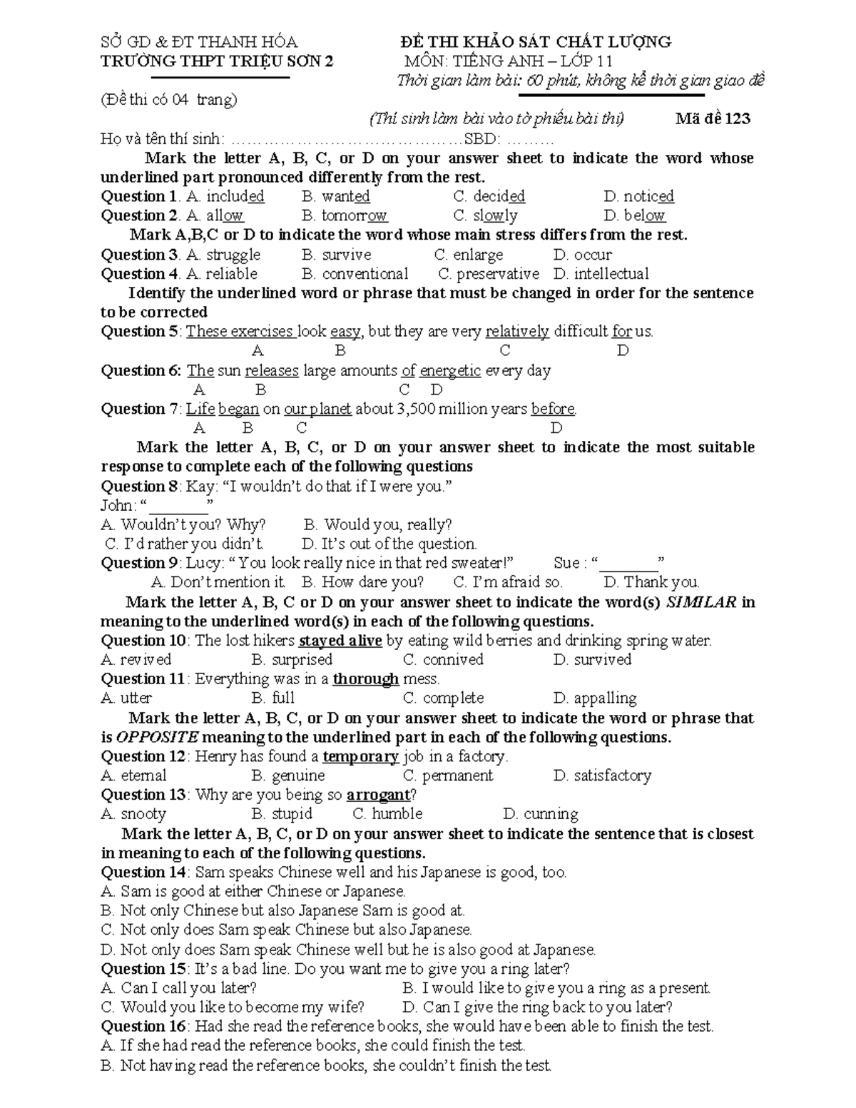 De thi khao sat tieng anh lop 11 - SỞ GD & ĐT THANH HÓA TRƯỜNG THPT TRIỆU SƠN 2 (Đề thi có 04 ...