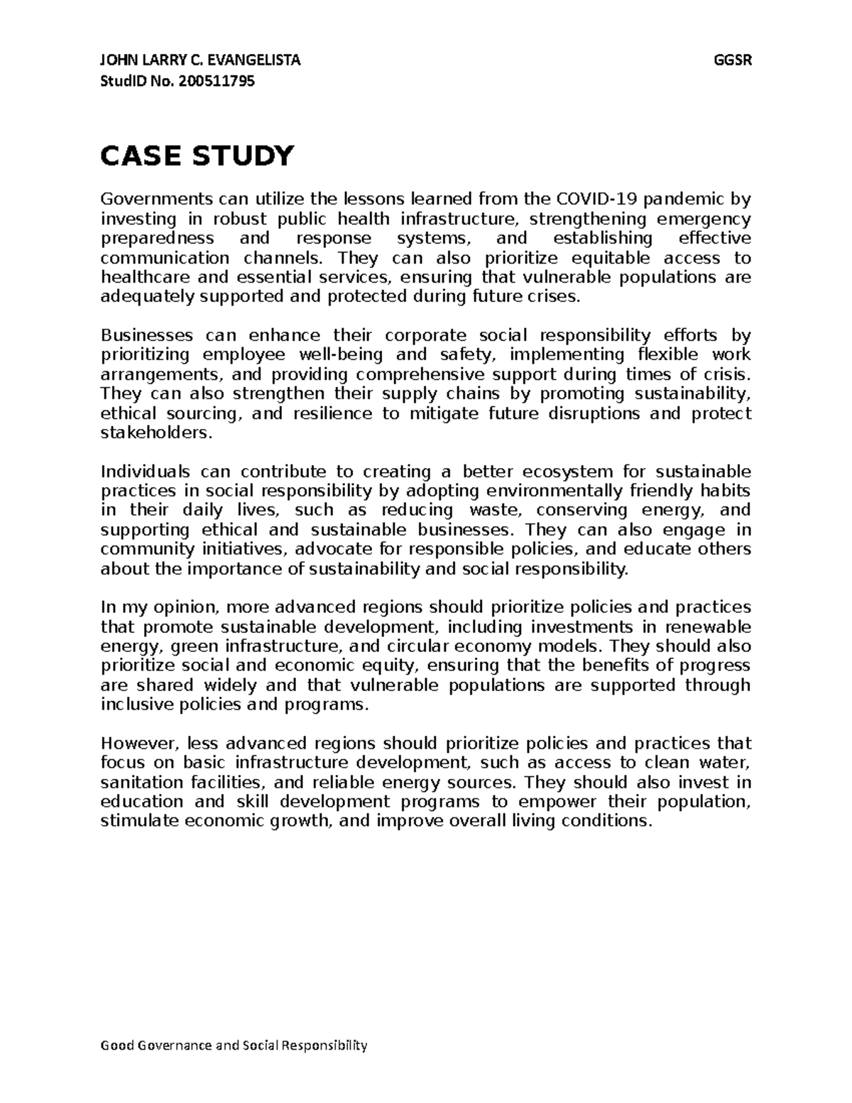 CASE Study Good Governance JOHN LARRY C EVANGELISTA GGSR StudID No