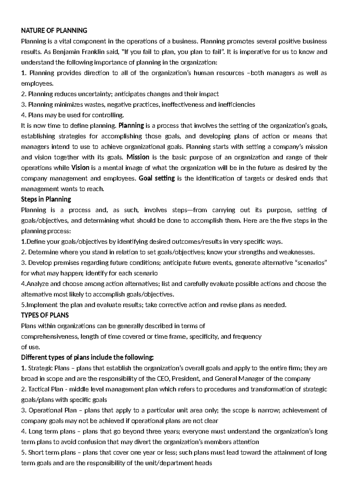 Nature OF Planning - NATURE OF PLANNING Planning is a vital component ...