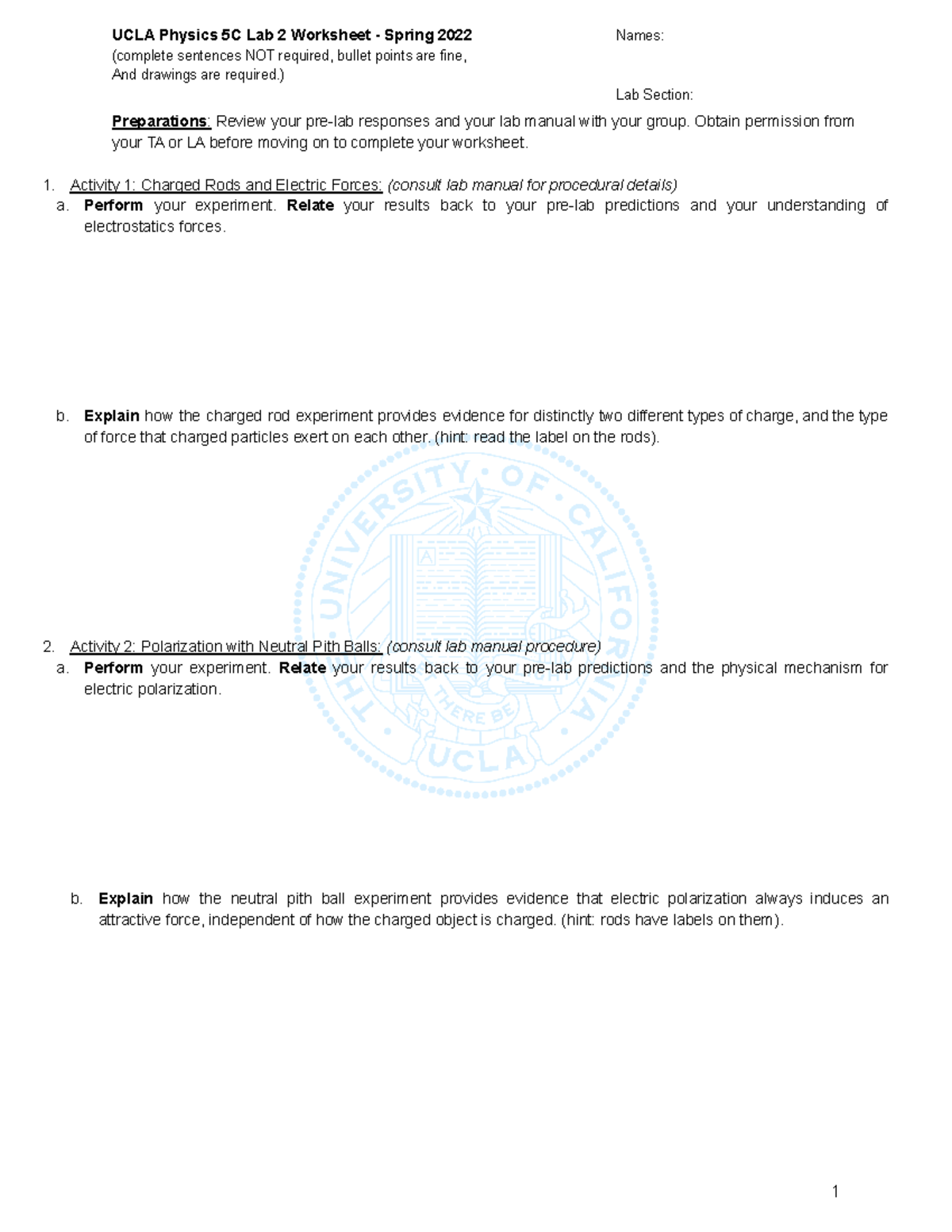S22 5CL Lab 2 Worksheet - UCLA Physics 5C Lab 2 Worksheet - Spring 2022 Names: (complete ...