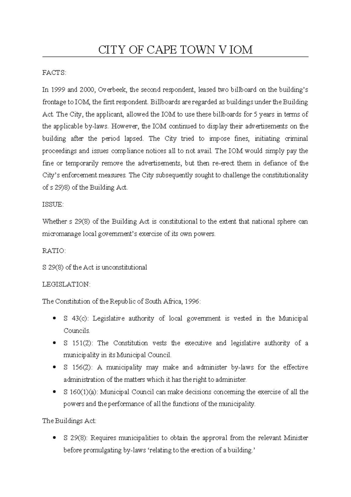 City of Cape Town v IOM - Summary Constitutional Law - CITY OF CAPE ...