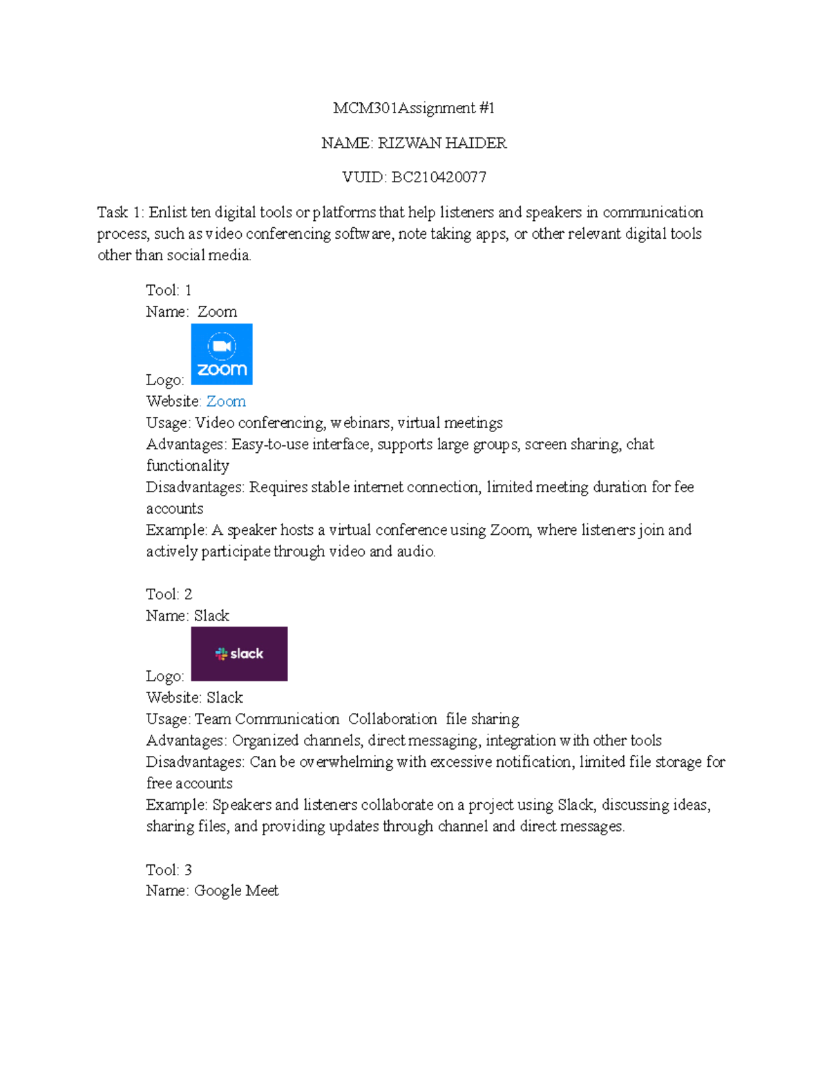 MCM301Assignment #1 - mcm301 notes - MCM301Assignment # NAME: RIZWAN ...